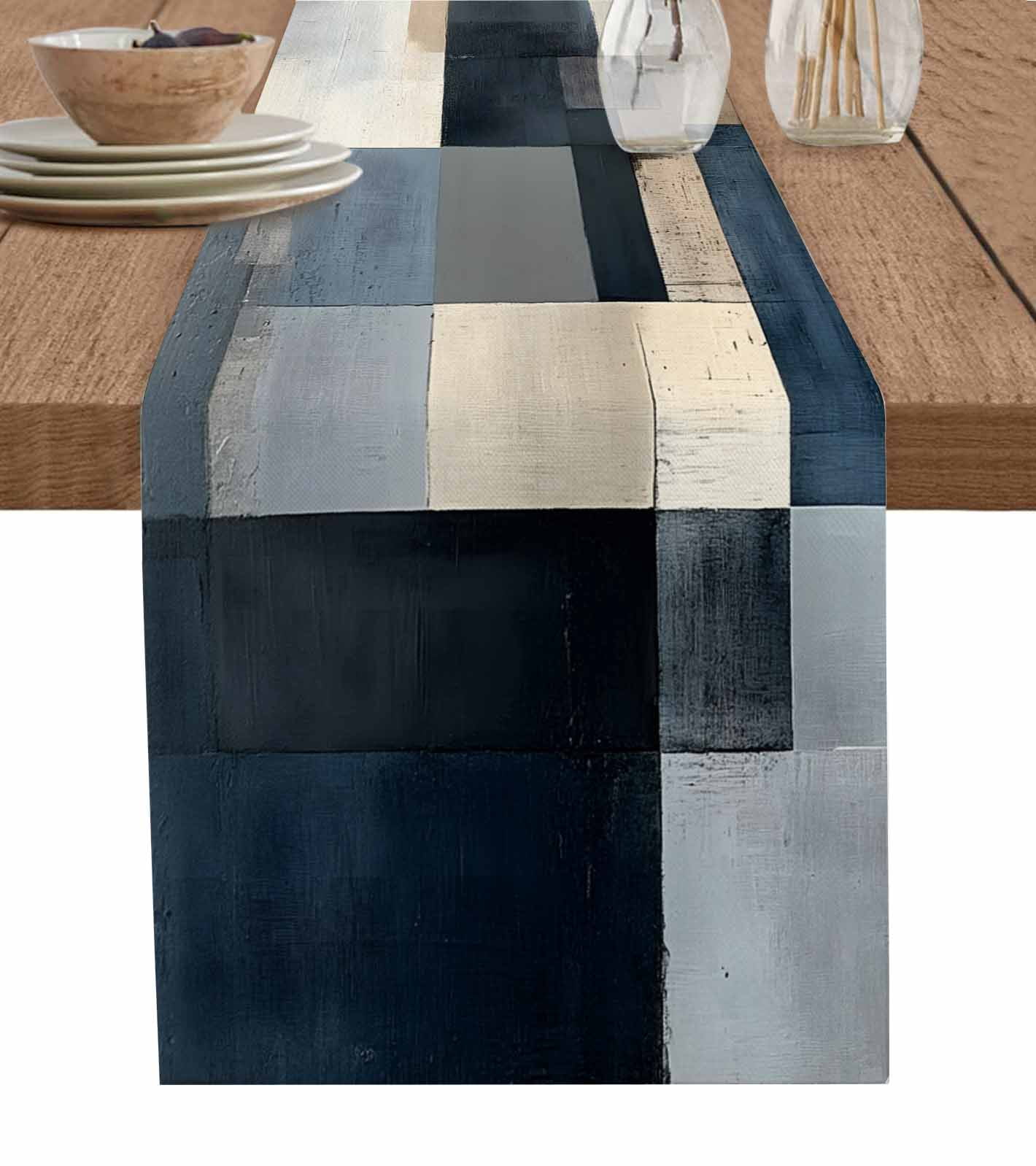 ERUNPONLY Abstract Geometric Table Runner - 70 Inch Long Blue Beige ...