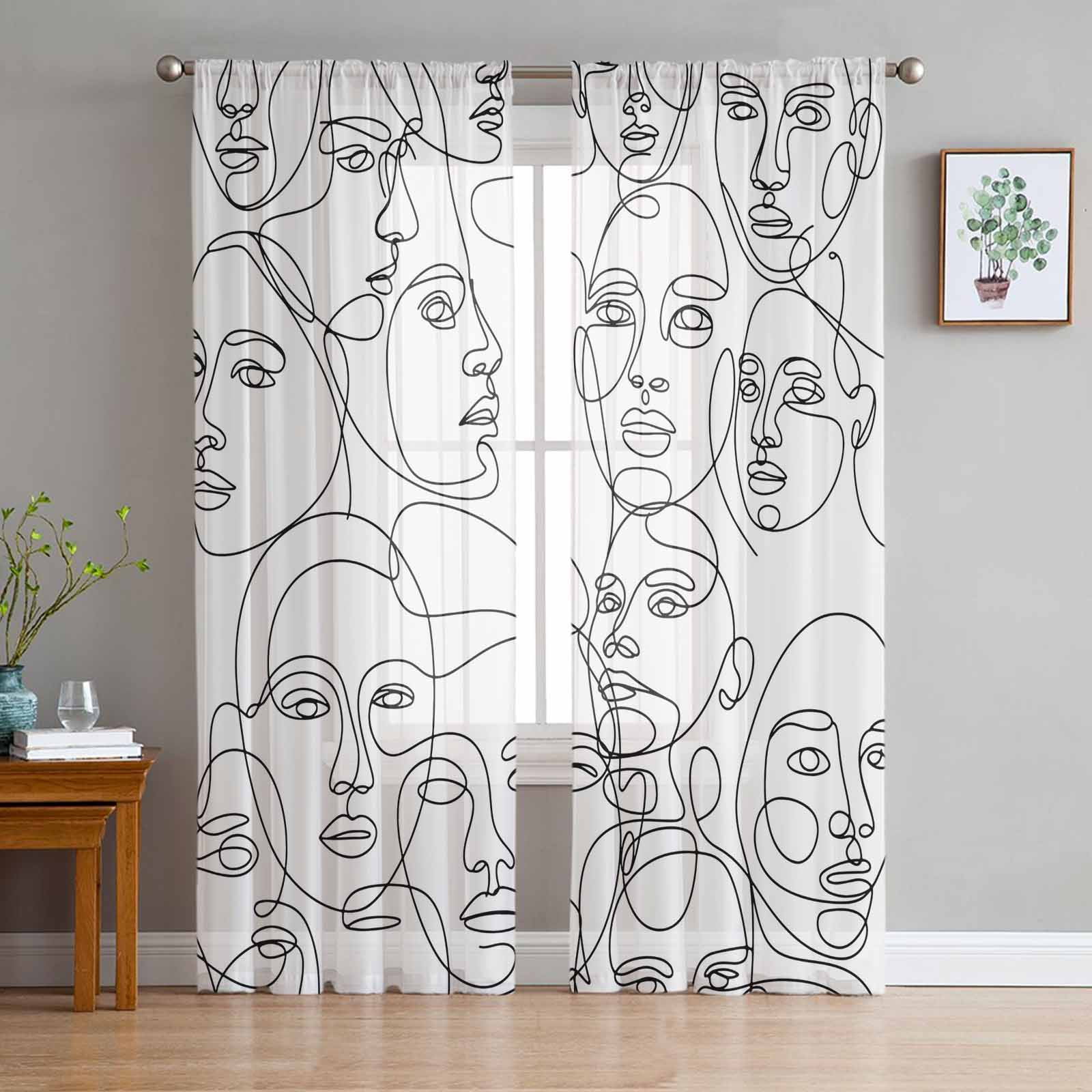 ERUNPONLY Abstract Style Sheer Curtains 96 Inch Length 2 Panels Set ...