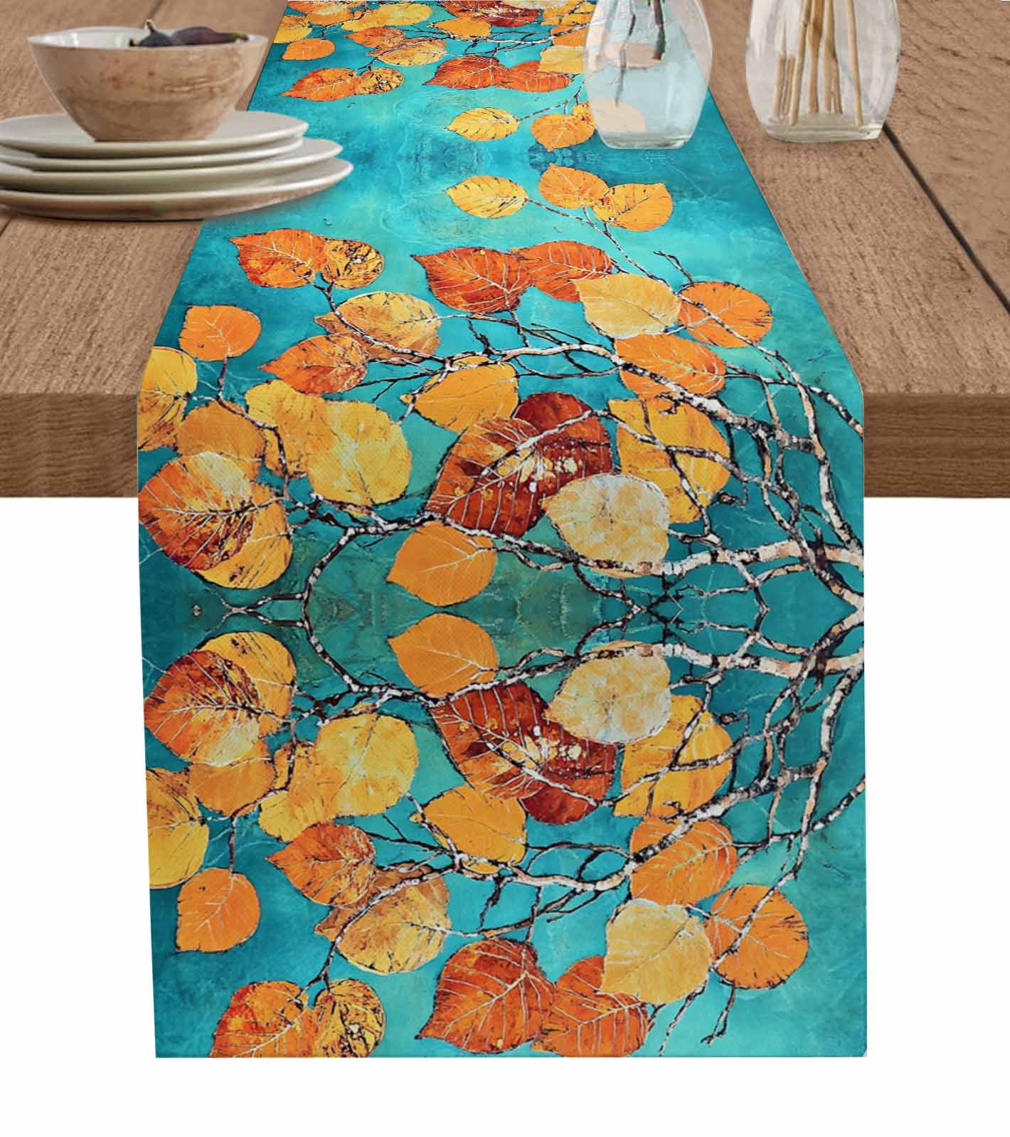 ERUNPONLY Abstract Teal Blue Table Runner - 120 Inch Long Modern Oil ...
