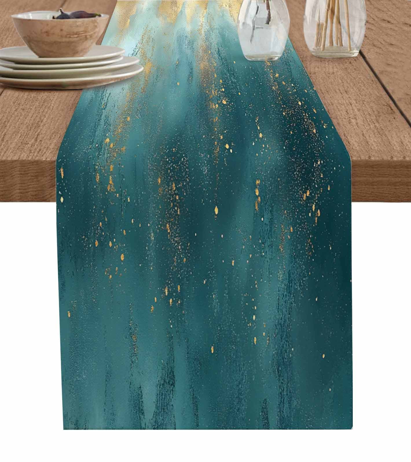 ERUNPONLY Abstract Turquoise Gold Table Runner - 120 Inch Long Modern ...
