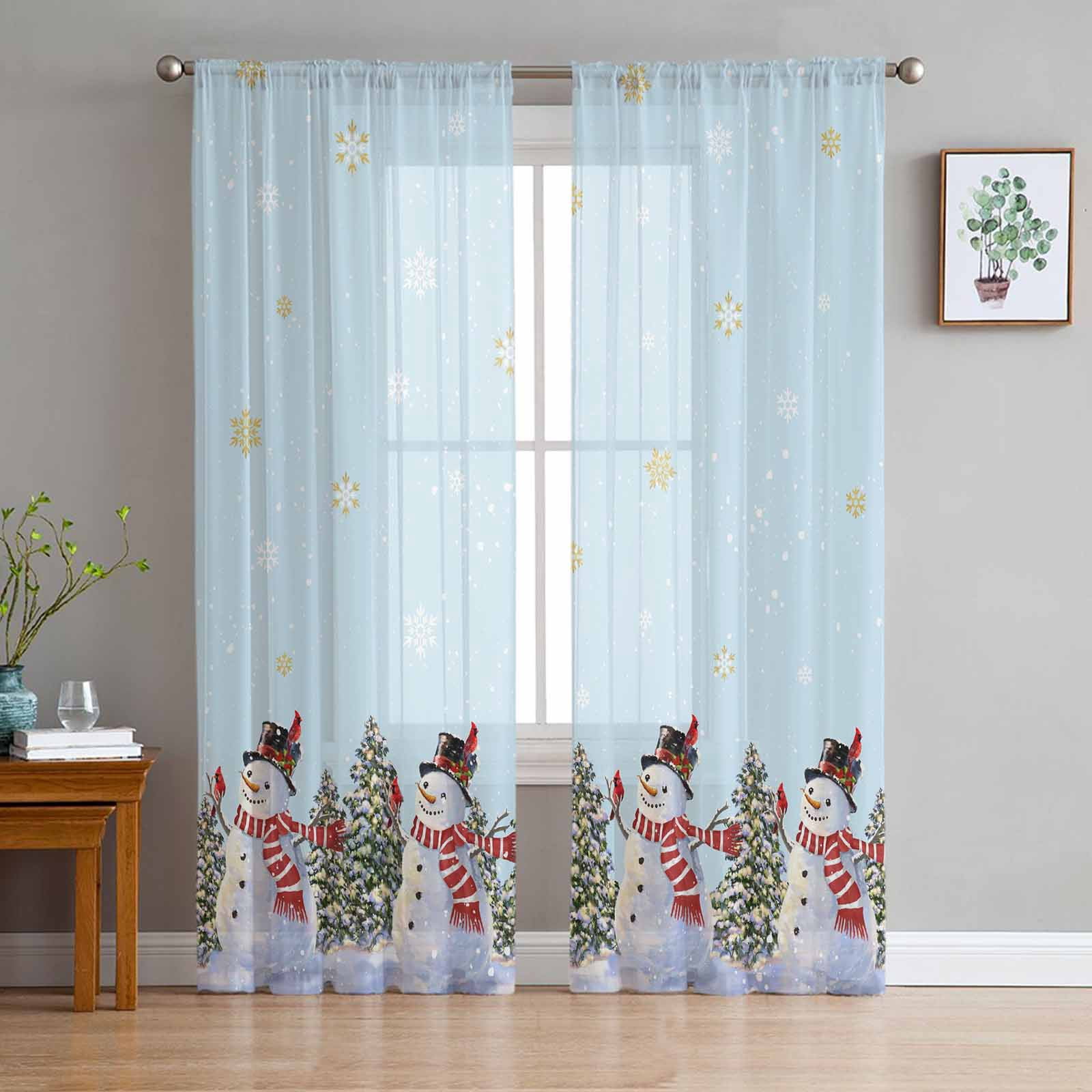 ERUNPONLY Aqua Christmas Snowman Sheer Curtains 63 Inch Length 2 Panels ...