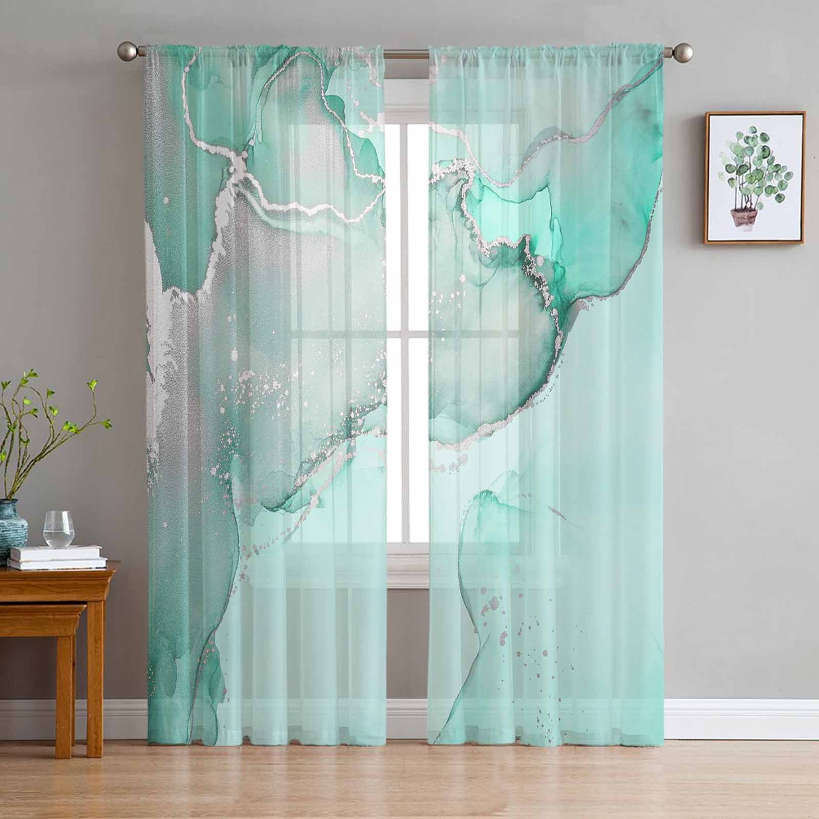 ERUNPONLY Aqua Marble Sheer Curtains 63 Inch Length 2 Panels Set ...