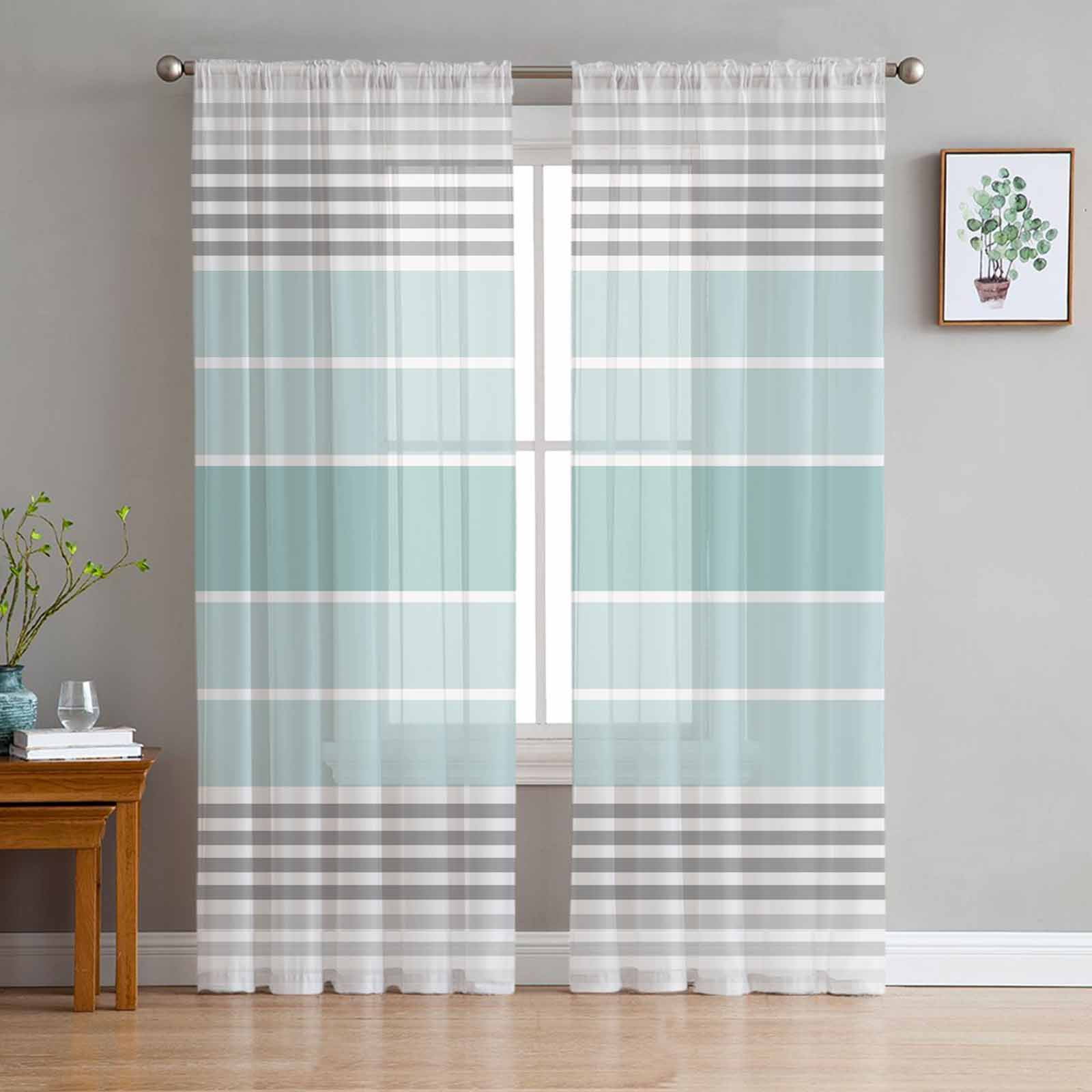 ERUNPONLY Aqua Ombre Stripes Sheer Curtains 84 Inch Length 2 Panels Set ...