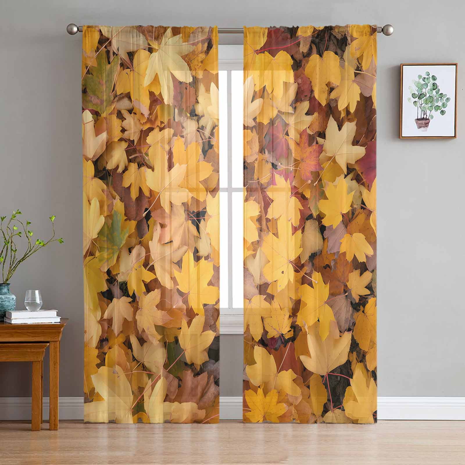 ERUNPONLY Autumn Maple Leaves Sheer Curtains 63 Inch Length 2 Panels ...