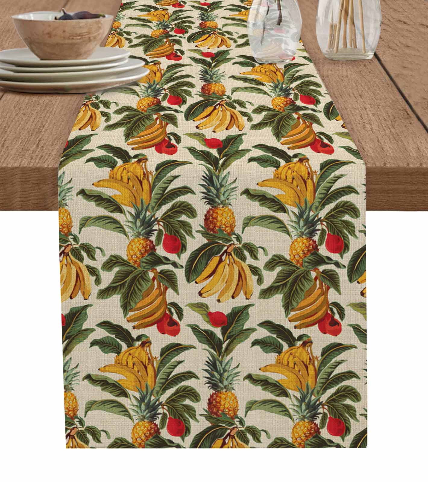 ERUNPONLY Banana Pineapple Table Runner - 70 Inch Long Summer Tropical Fruit Botanical Cotton ...