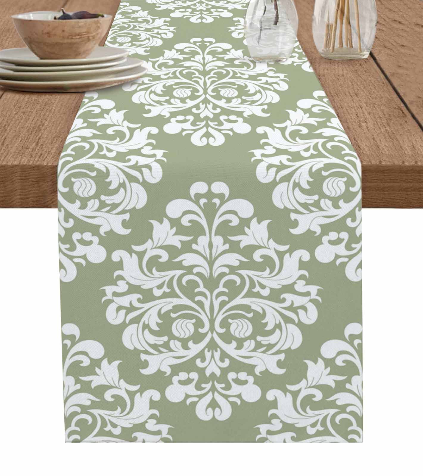 ERUNPONLY Baroque Sage Green Table Runner - 70 Inch Long Vintage Damask ...