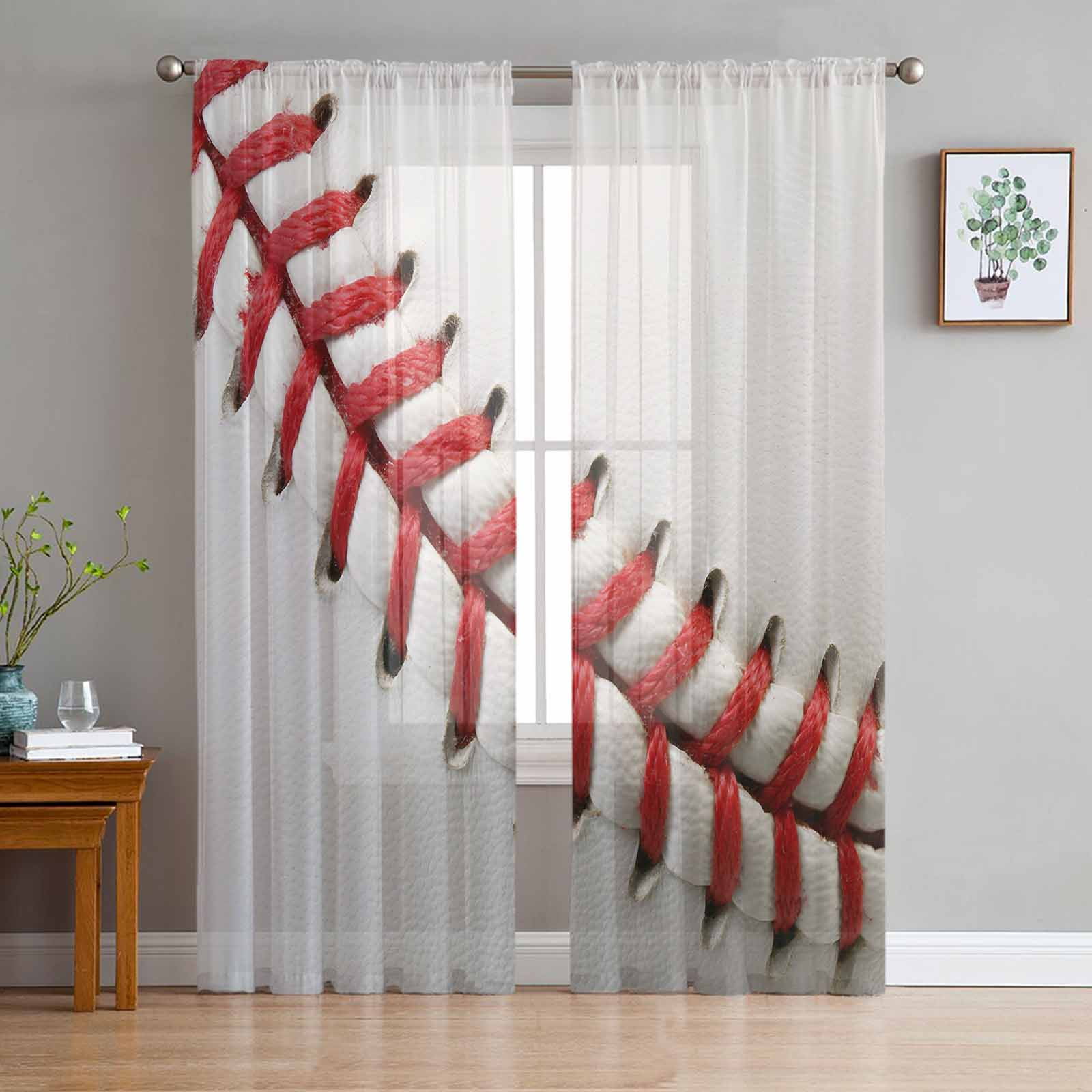 ERUNPONLY Baseball Sheer Curtains 63 Inch Length 2 Panels Set, Red ...