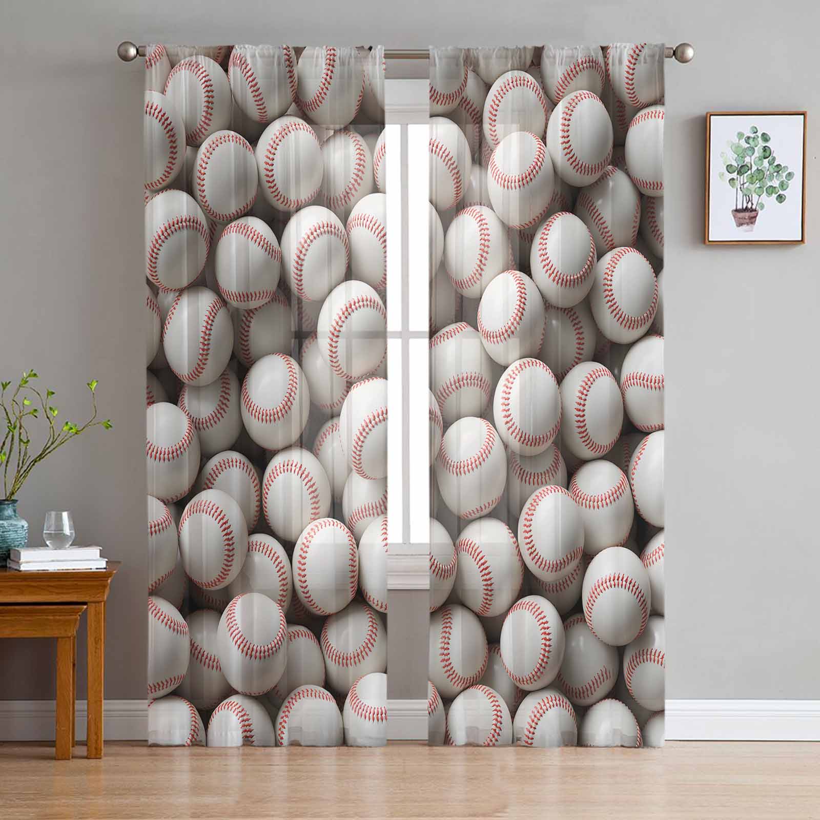 ERUNPONLY Baseball Sheer Curtains 84 Inch Length 2 Panels Set, White ...