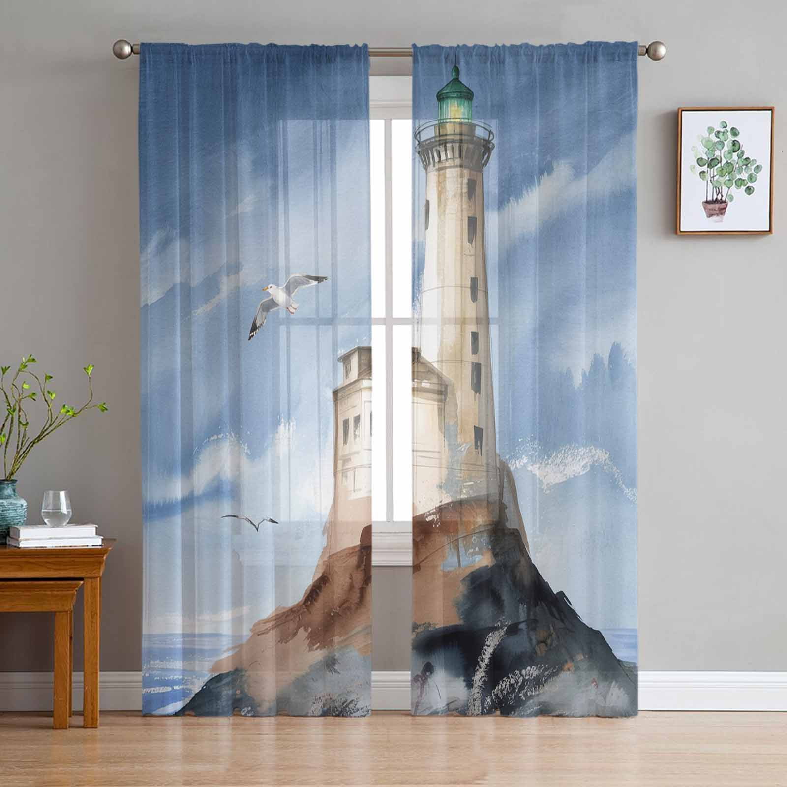 ERUNPONLY Beach Lighthouse Sheer Curtains 72 Inch Length 2 Panels Set ...