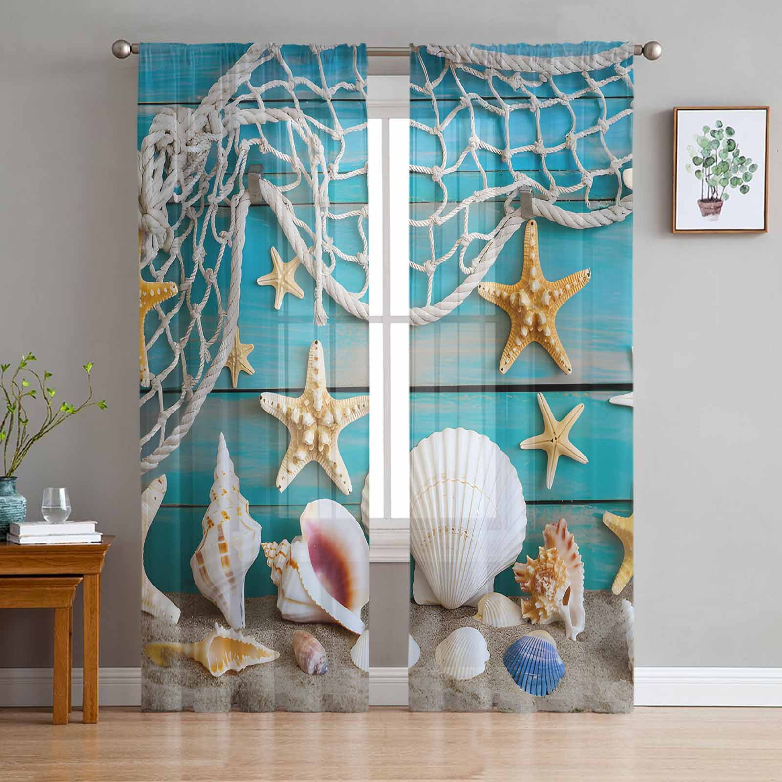 ERUNPONLY Beach Starfish Sheer Curtains 96 Inch Length 2 Panels Set ...