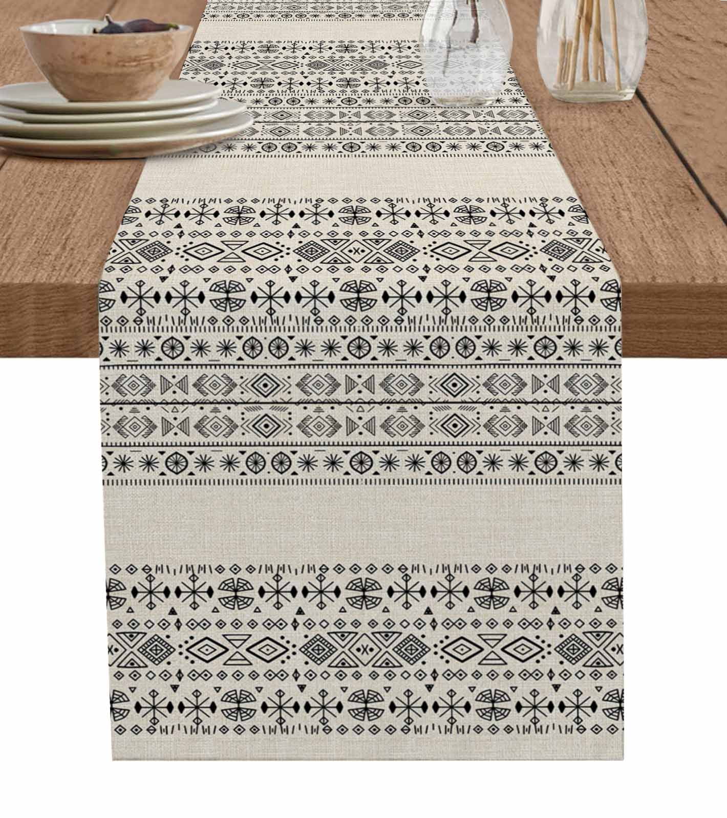 ERUNPONLY Beige Black Boho Table Runner - 60 Inch Long Vintage Ethnic ...