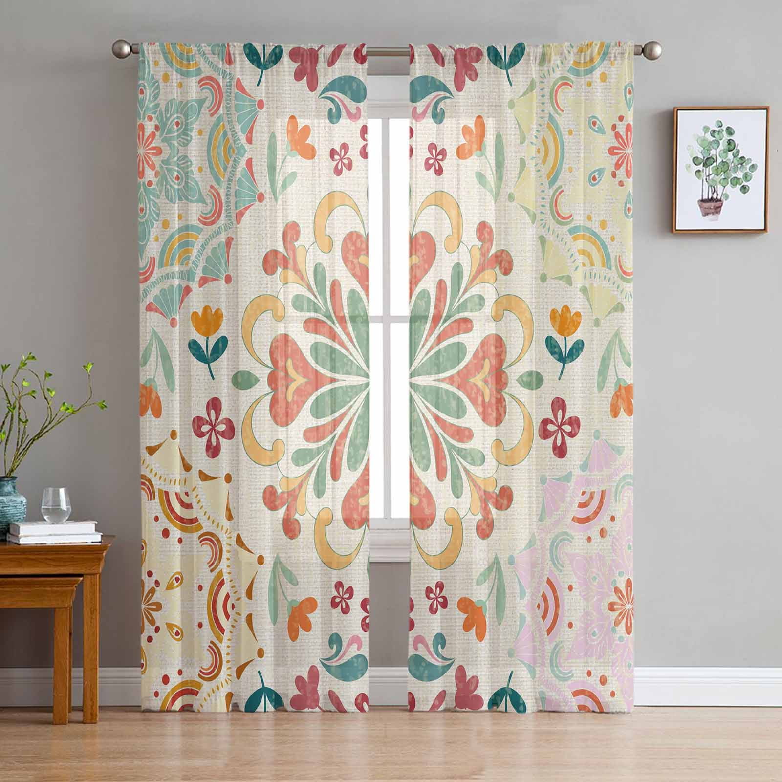 ERUNPONLY Beige Boho Sheer Curtains 84 Inch Length 2 Panels Set, Retro ...