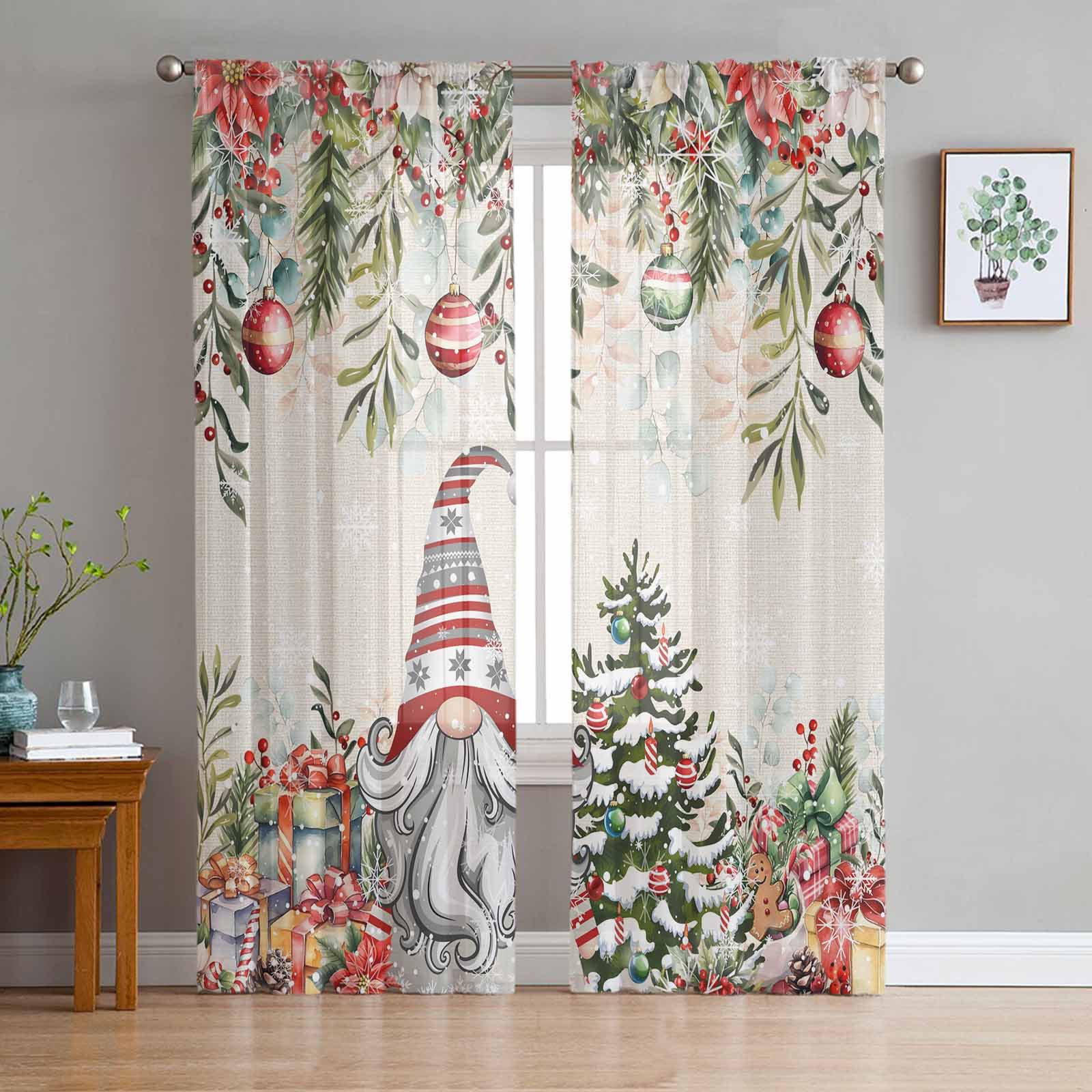 ERUNPONLY Beige Christmas Gnomes Sheer Curtains 63 Inch Length 2 Panels ...