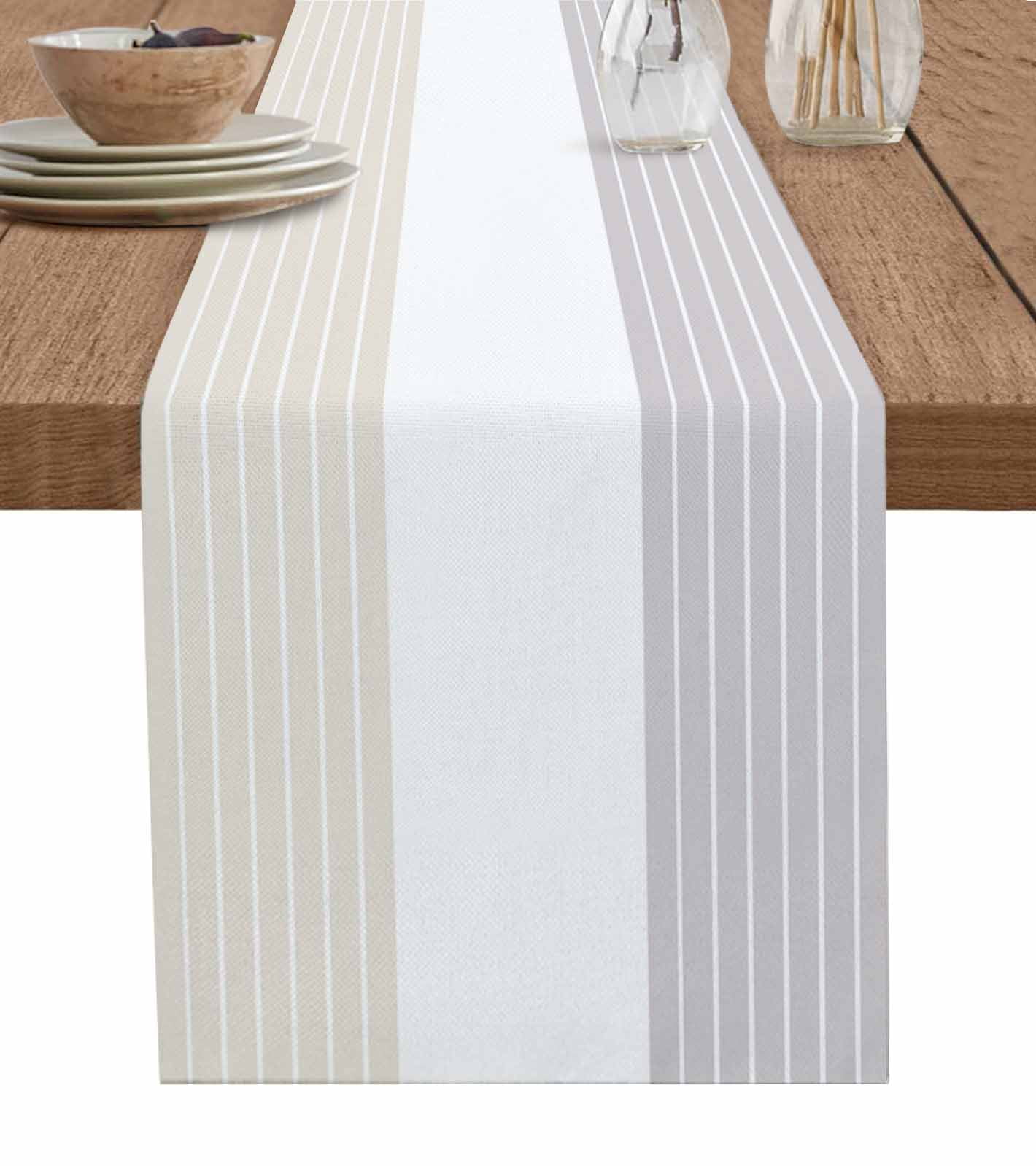 ERUNPONLY Beige Grey Striped Table Runner - 90 Inch Long Farmhouse ...