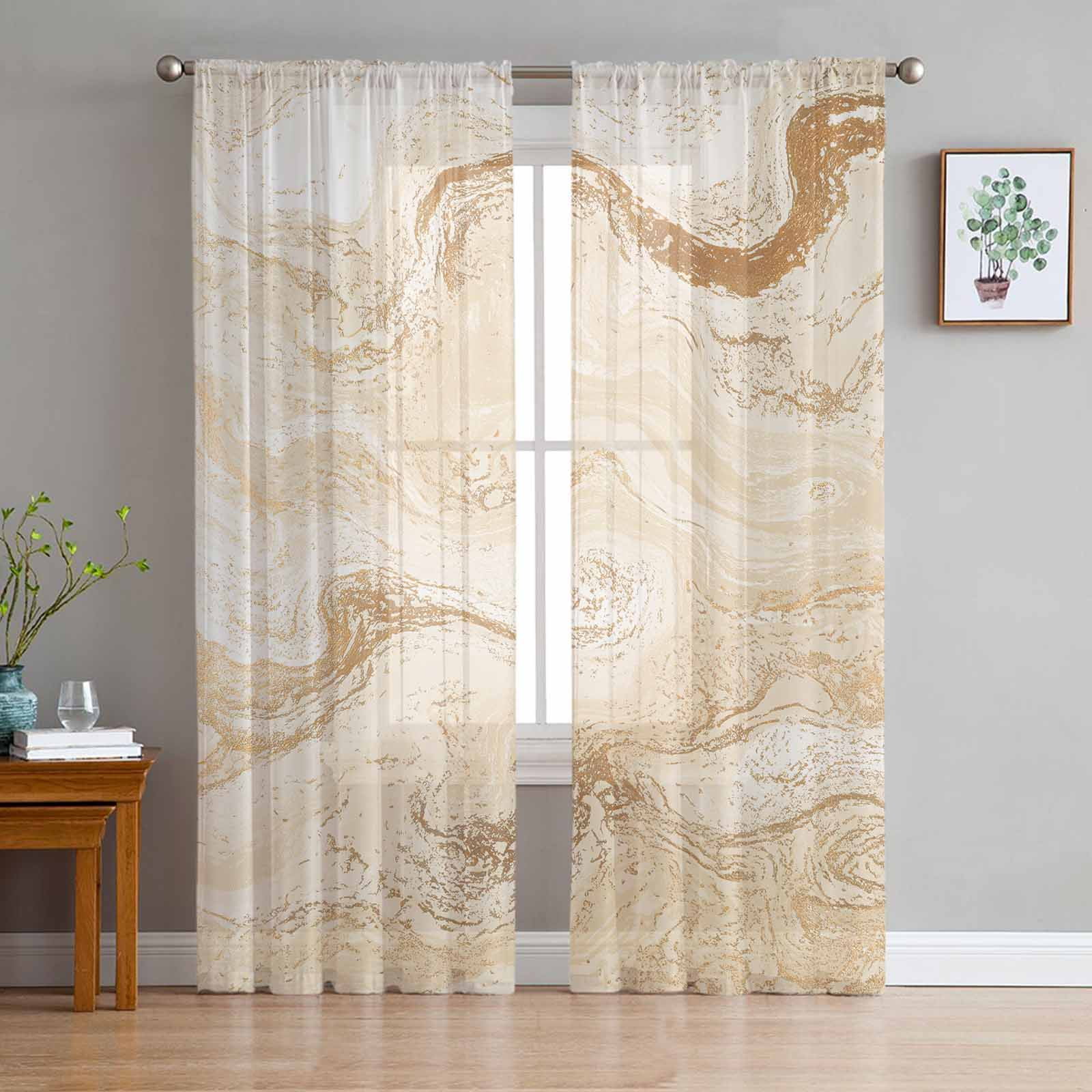 ERUNPONLY Beige Marble Sheer Curtains 63 Inch Length 2 Panels Set, Chic ...