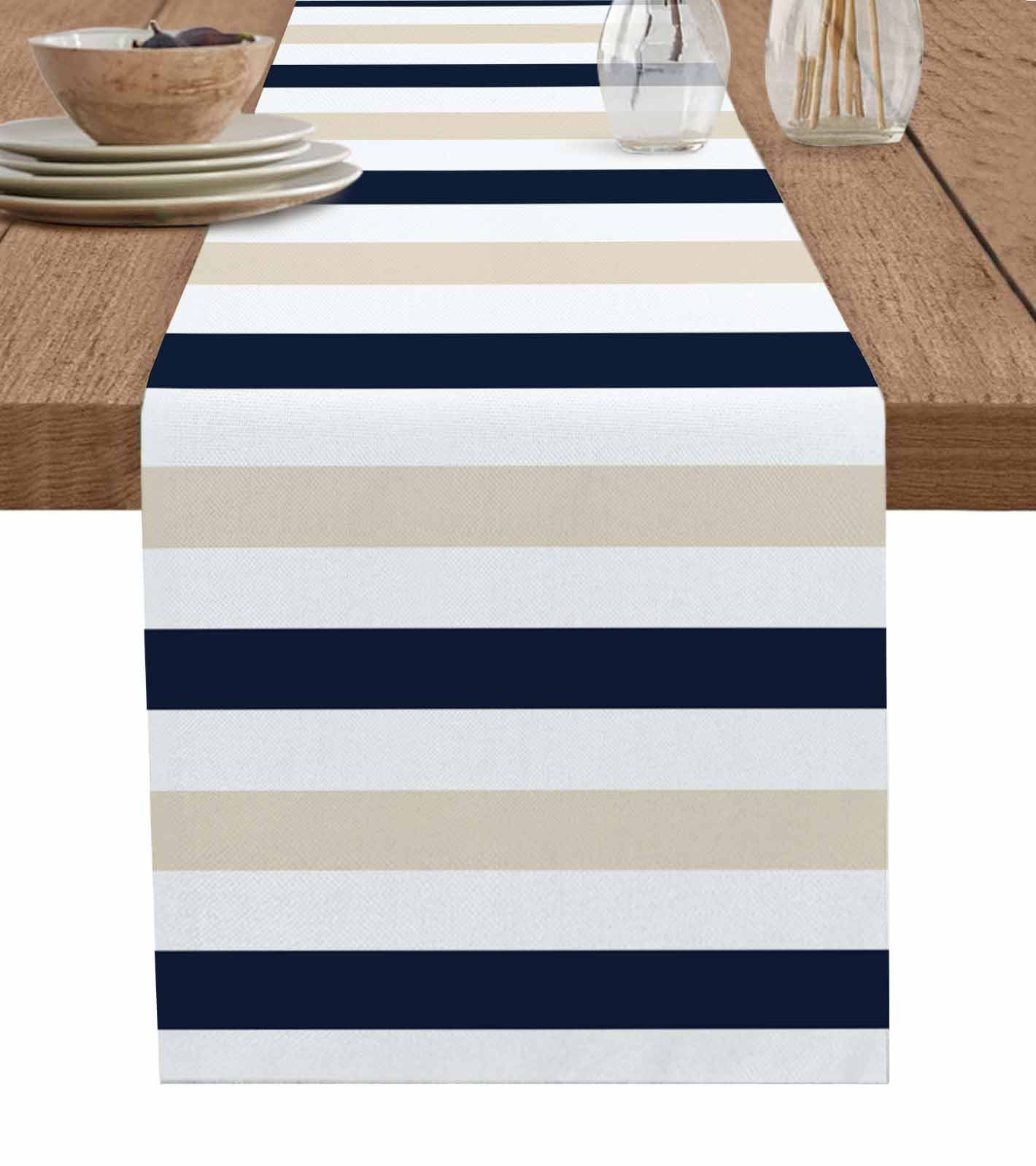 ERUNPONLY Beige Navy Blue Striped Table Runner - 108 Inch Long ...