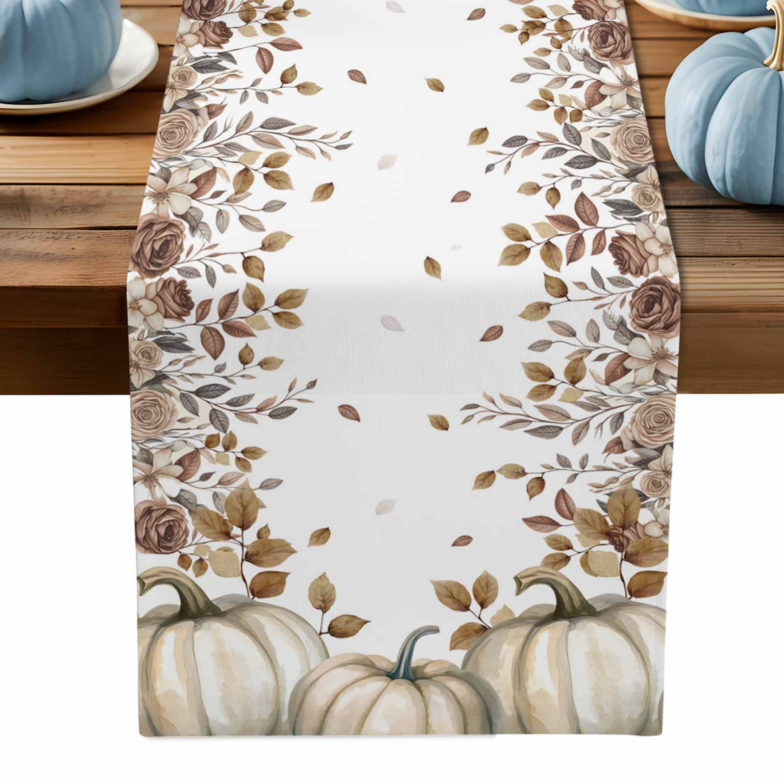 ERUNPONLY Beige Pumpkin Fall Table Runner - 120 Inch Long Thanksgiving ...