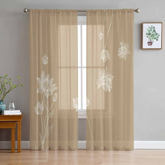 ERUNPONLY Beige White Floral Sheer Curtains 84 Inch Length 2 Panels Set ...