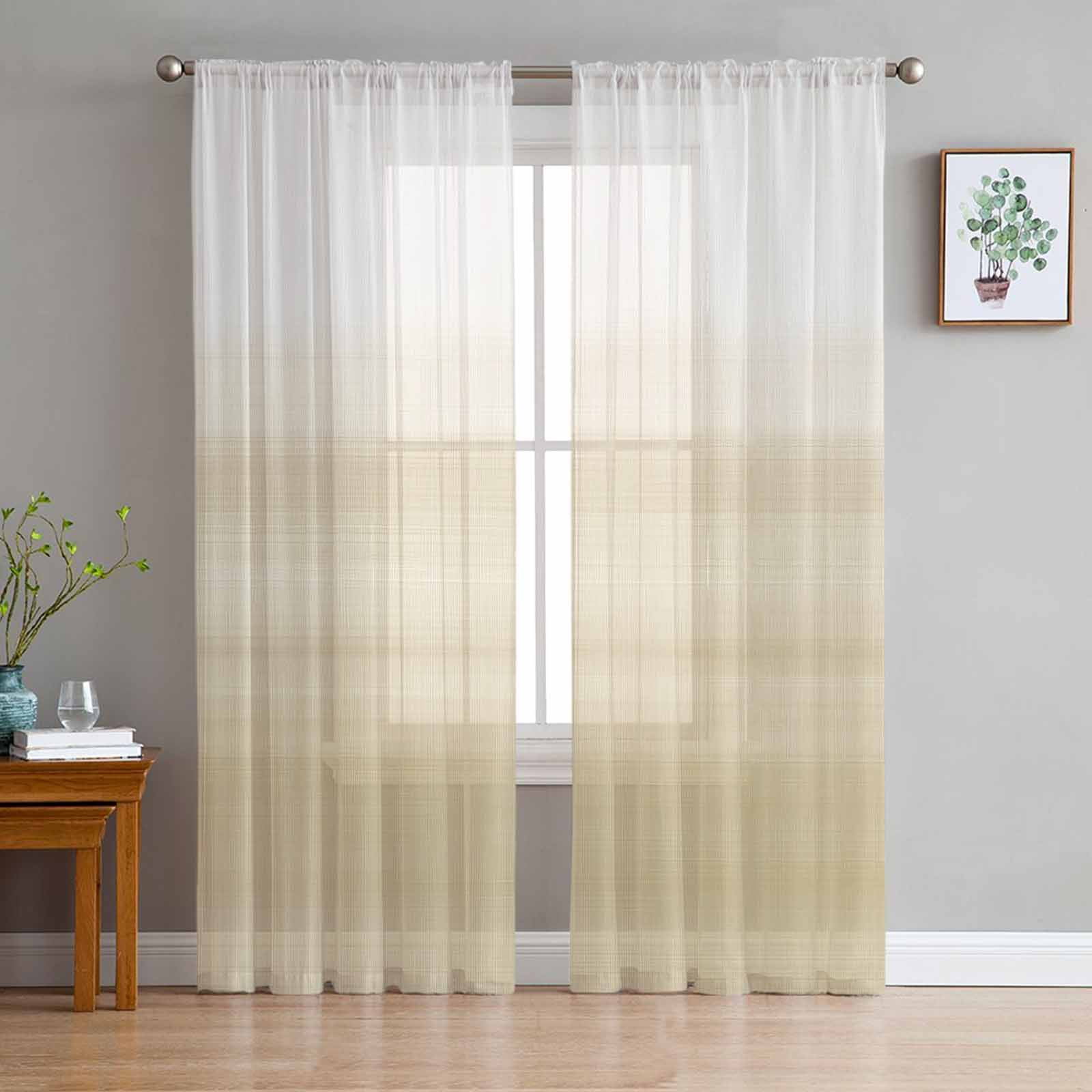 ERUNPONLY Beige White Stripes Sheer Curtains 84 Inch Length 2 Panels ...