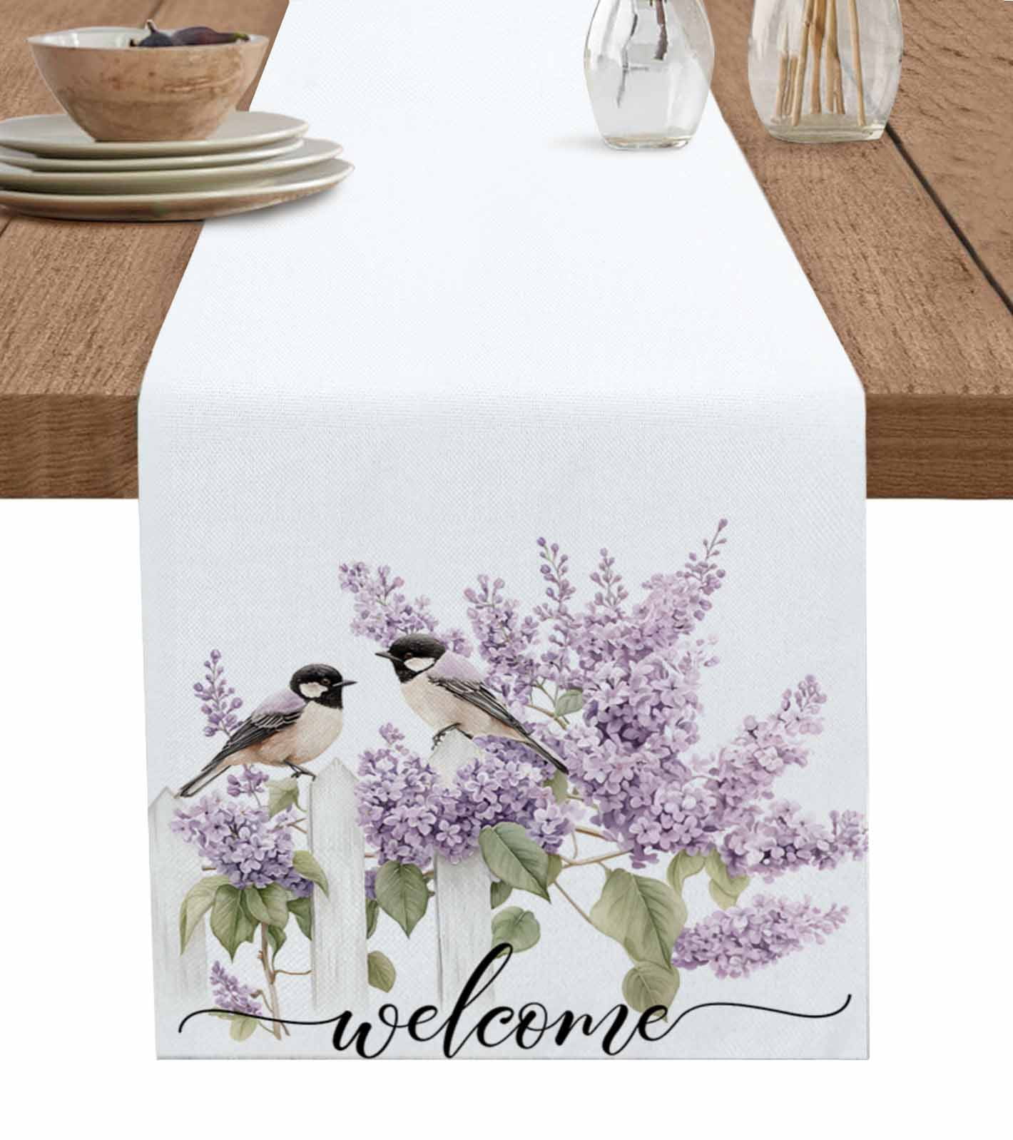 ERUNPONLY Bird Flowers Table Runner - 108 Inch Long Purple Lavender ...