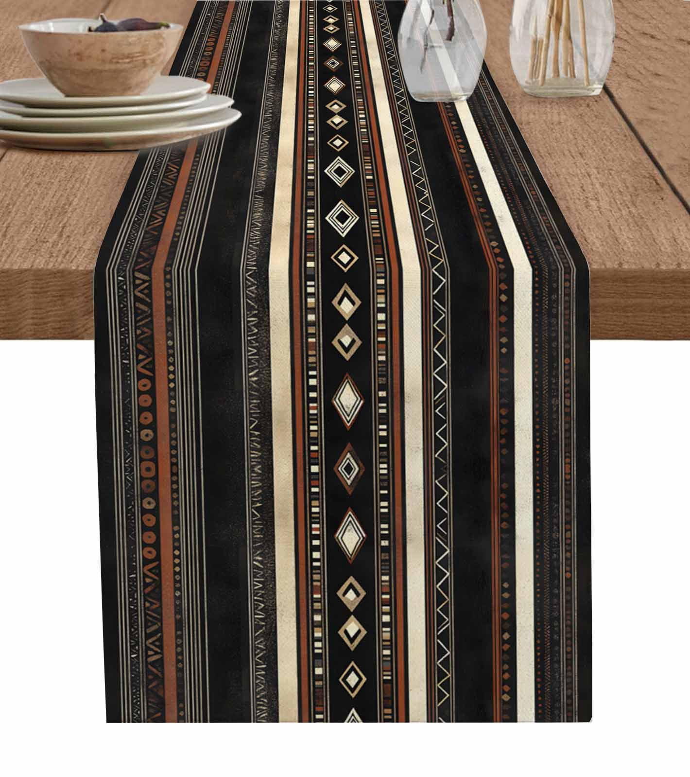 ERUNPONLY Black Beige Boho Table Runner - 60 Inch Long Vintage Abstract ...