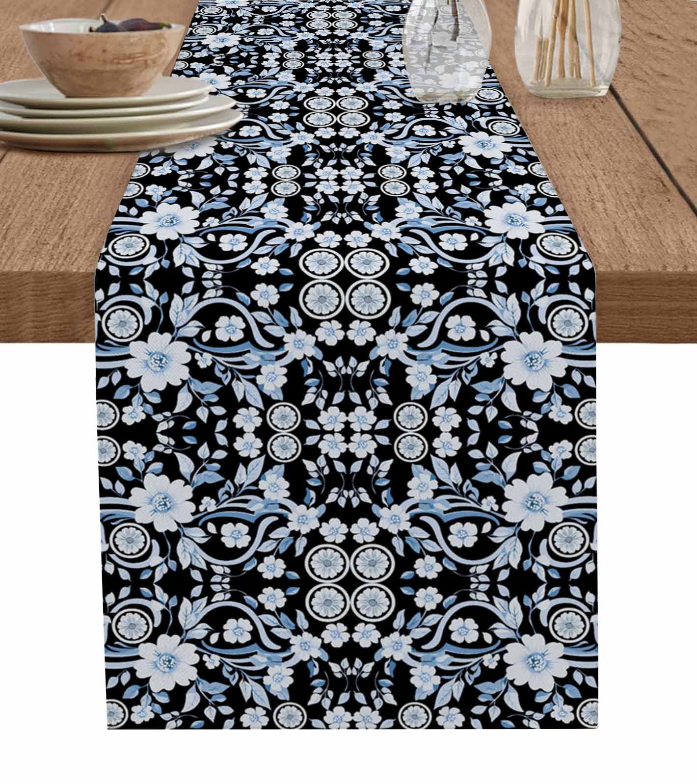 ERUNPONLY Black Blue Floral Table Runner - 90 Inch Long Vintage ...