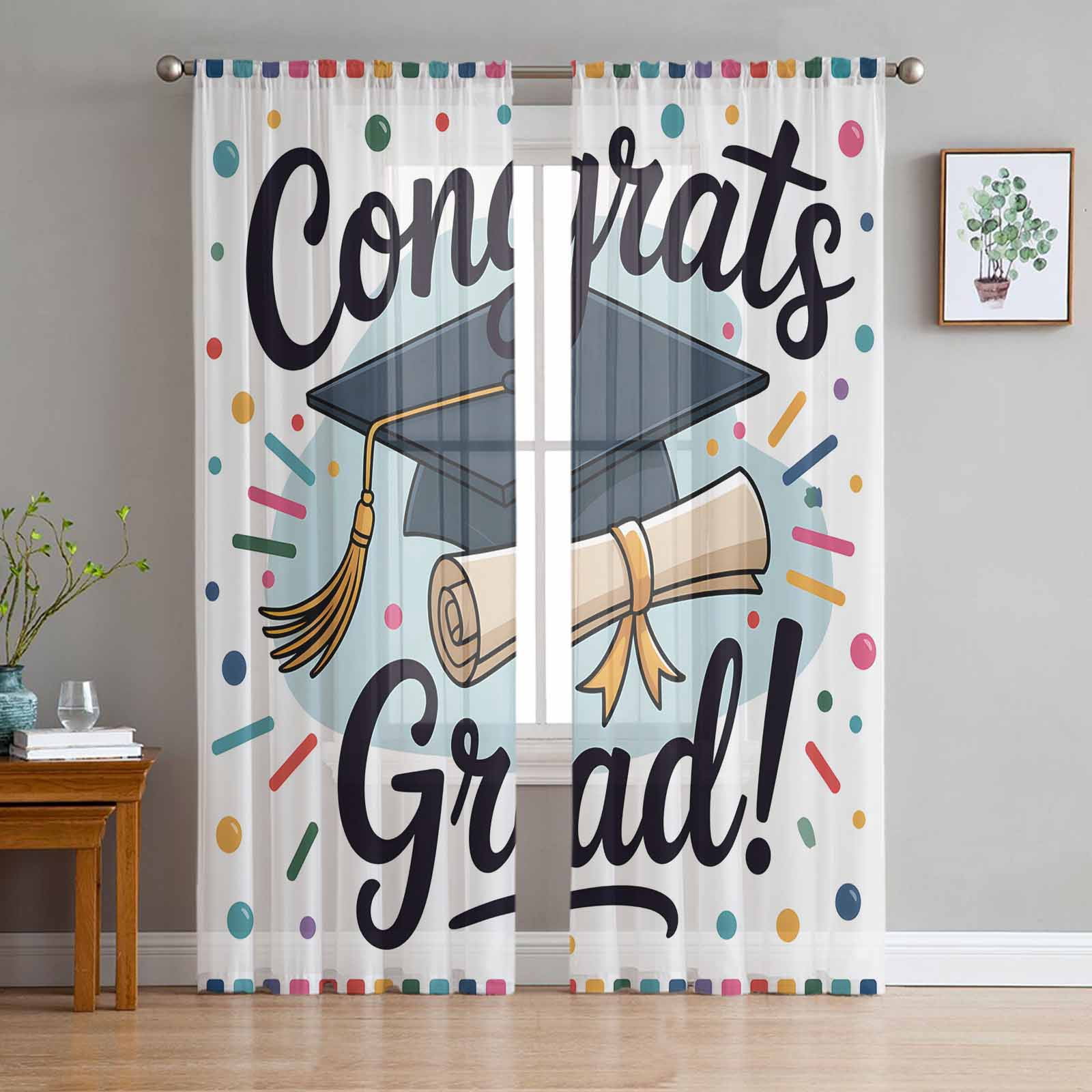 ERUNPONLY Black Blue Graduation Hat Sheer Curtains 63 Inch Length 2 ...