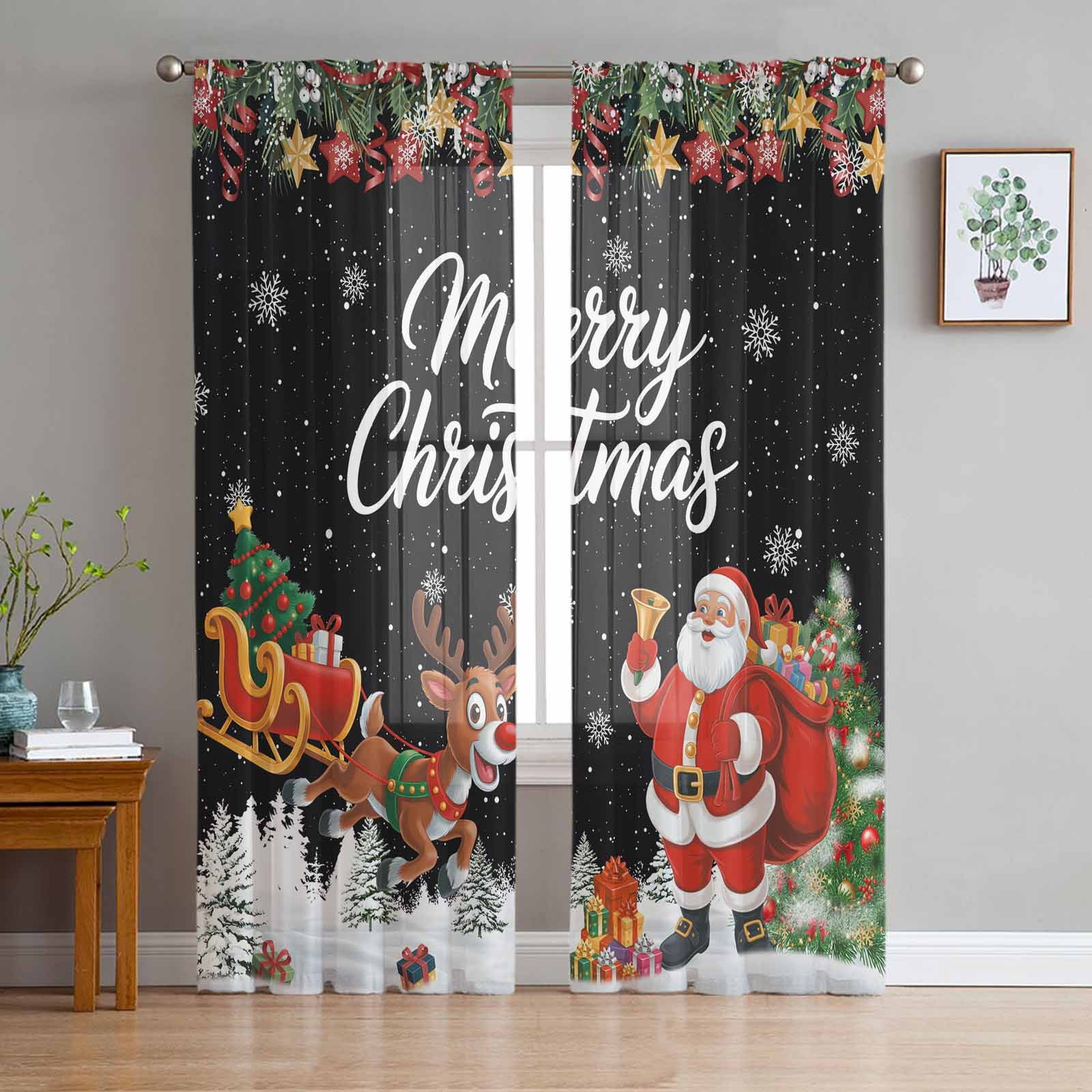 ERUNPONLY Black Christmas Santa Sheer Curtains 96 Inch Length 2 Panels ...