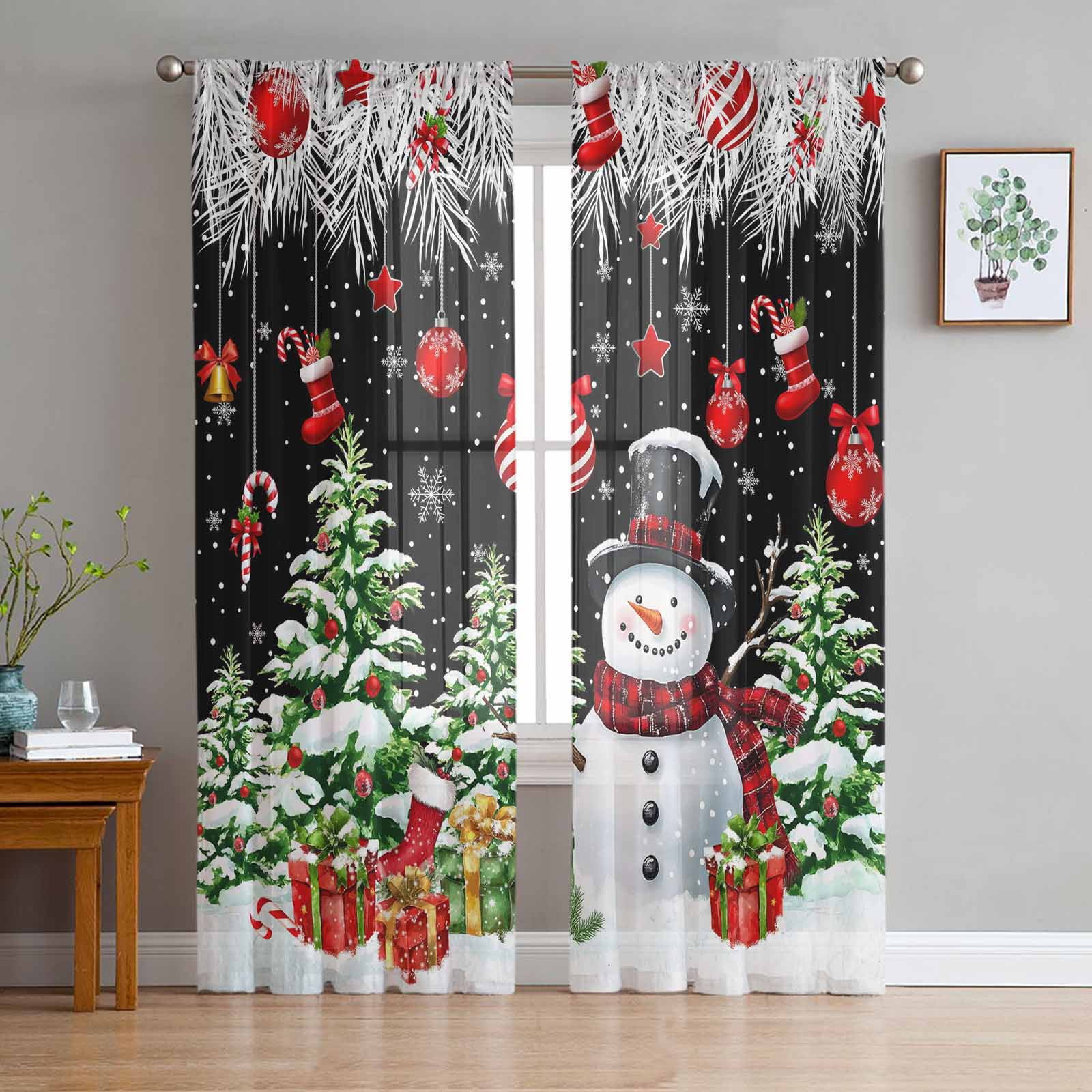 ERUNPONLY Black Christmas Snowman Sheer Curtains 63 Inch Length 2 ...