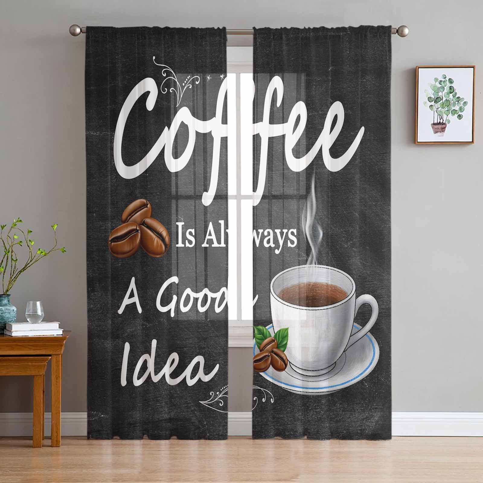 ERUNPONLY Black Coffee Vintage Sheer Curtains 72 Inch Length 2 Panels ...