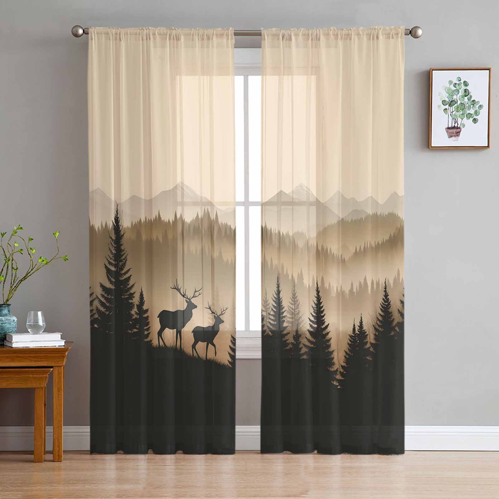 ERUNPONLY Black Forest Sheer Curtains 96 Inch Length 2 Panels Set, Deer ...