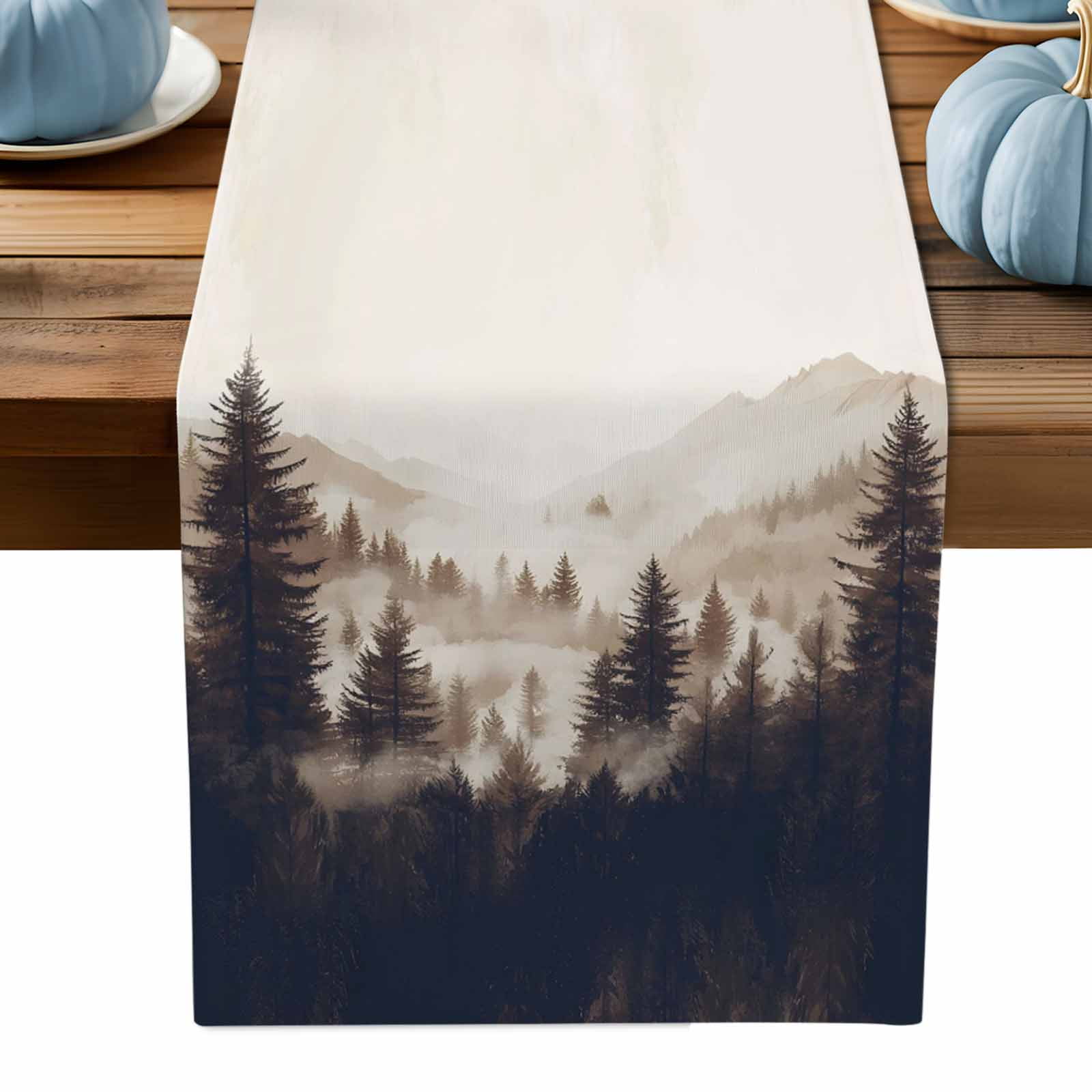 ERUNPONLY Black Forest Table Runner - 90 Inch Long Silhouettes Foggy ...