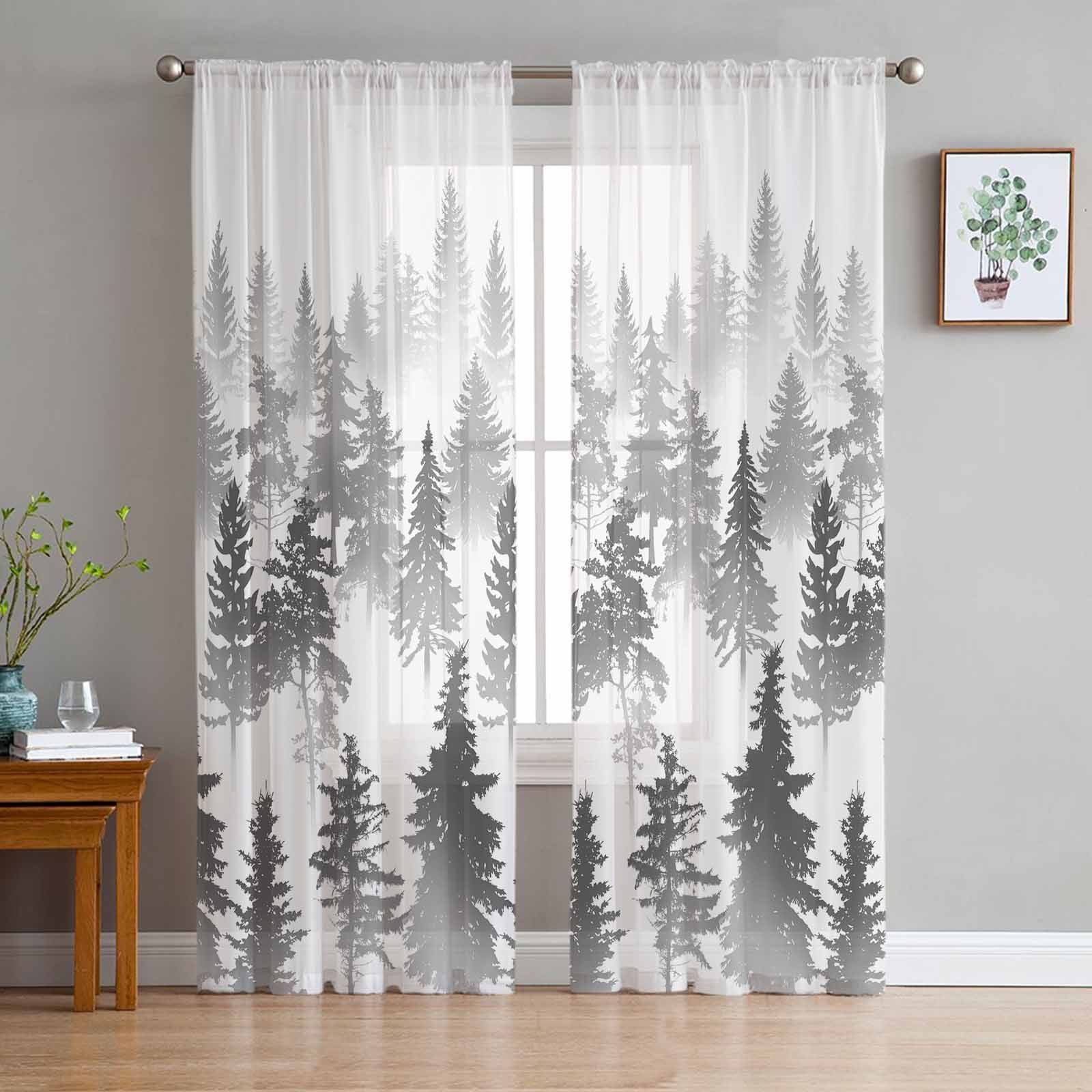 ERUNPONLY Black Grey Forest Sheer Curtains 72 Inch Length 2 Panels Set ...