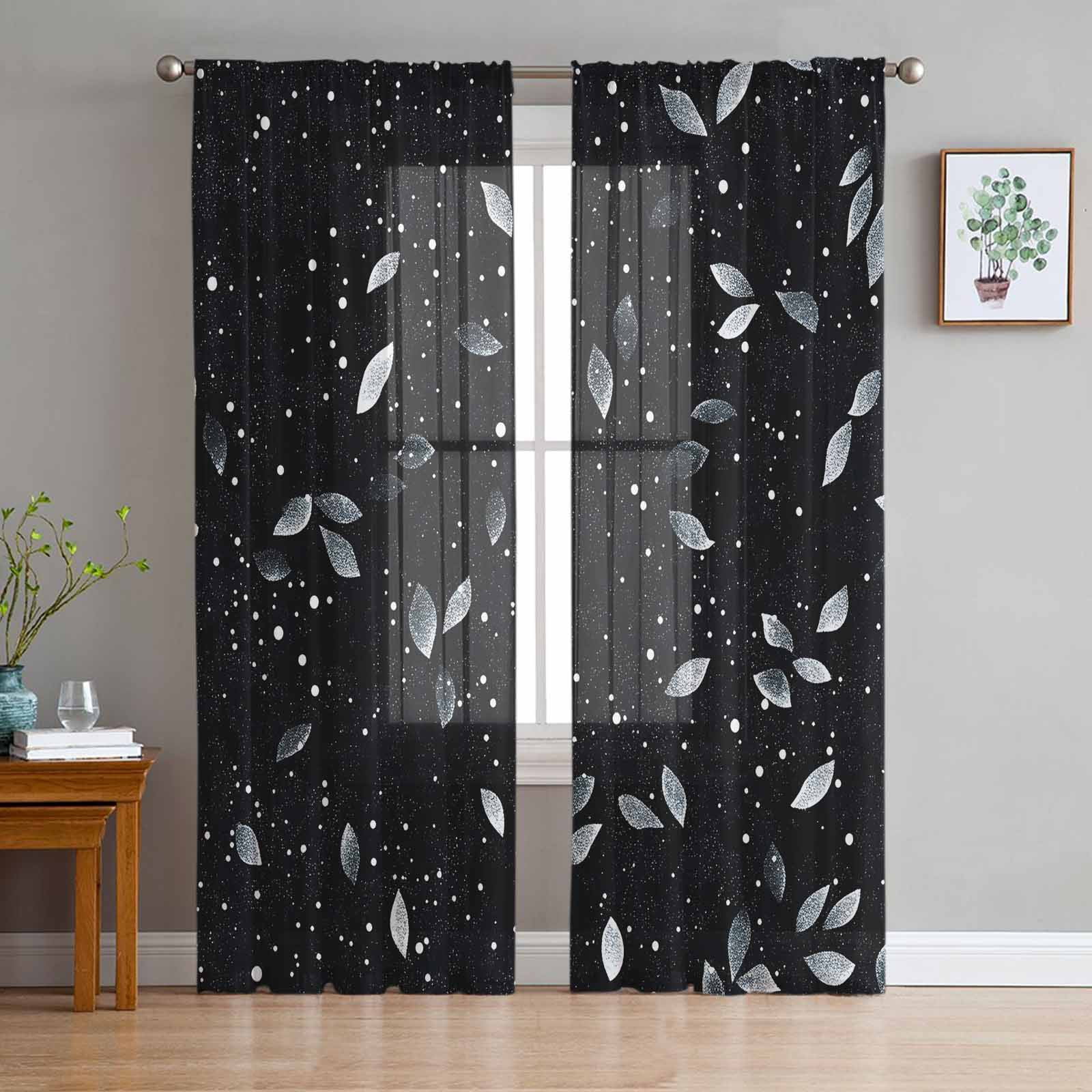 ERUNPONLY Black Leaves Sheer Curtains 96 Inch Length 2 Panels Set ...