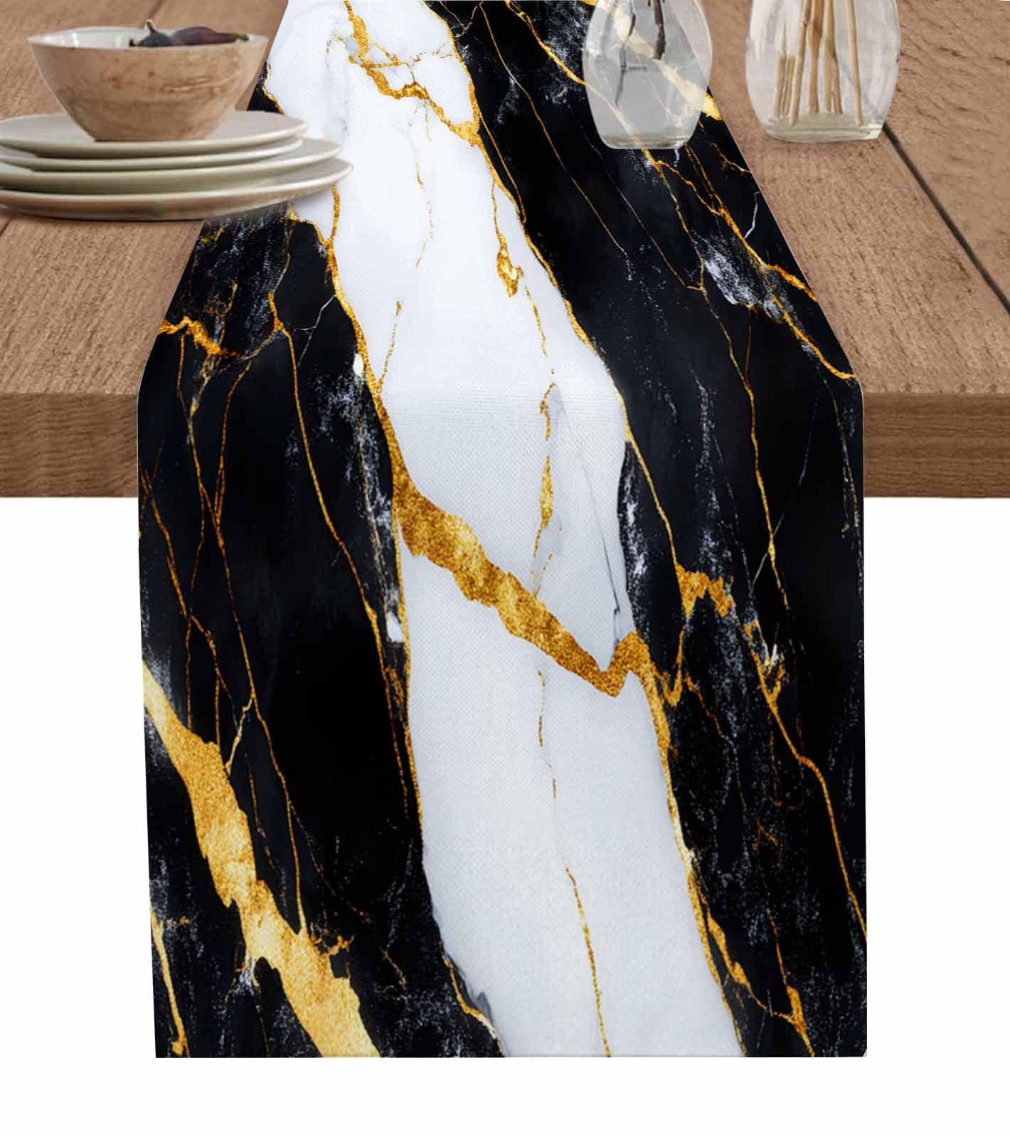 ERUNPONLY Black Marble Table Runner - 72 Inch Long Luxury Gold White ...