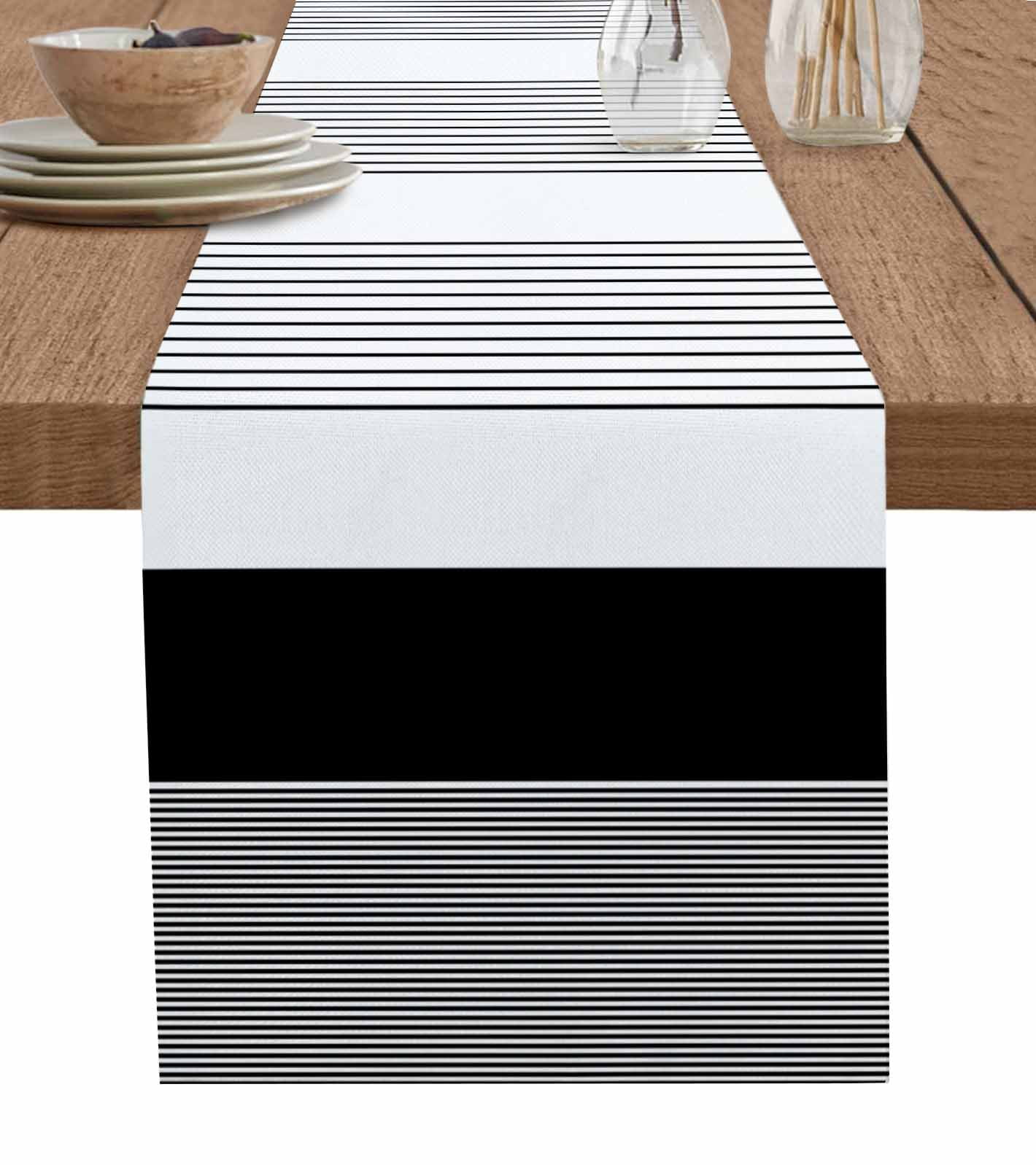 ERUNPONLY Black Stripe Table Runner - 72 Inch Long Modern Rustic Horizontal Black Striped Cotton ...
