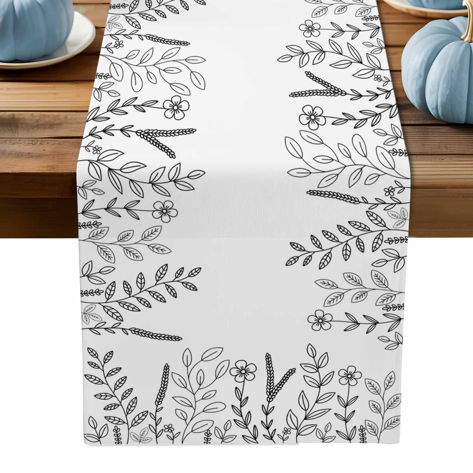 ERUNPONLY Black White Botanical Table Runner - 120 Inch Long Eucalyptus ...