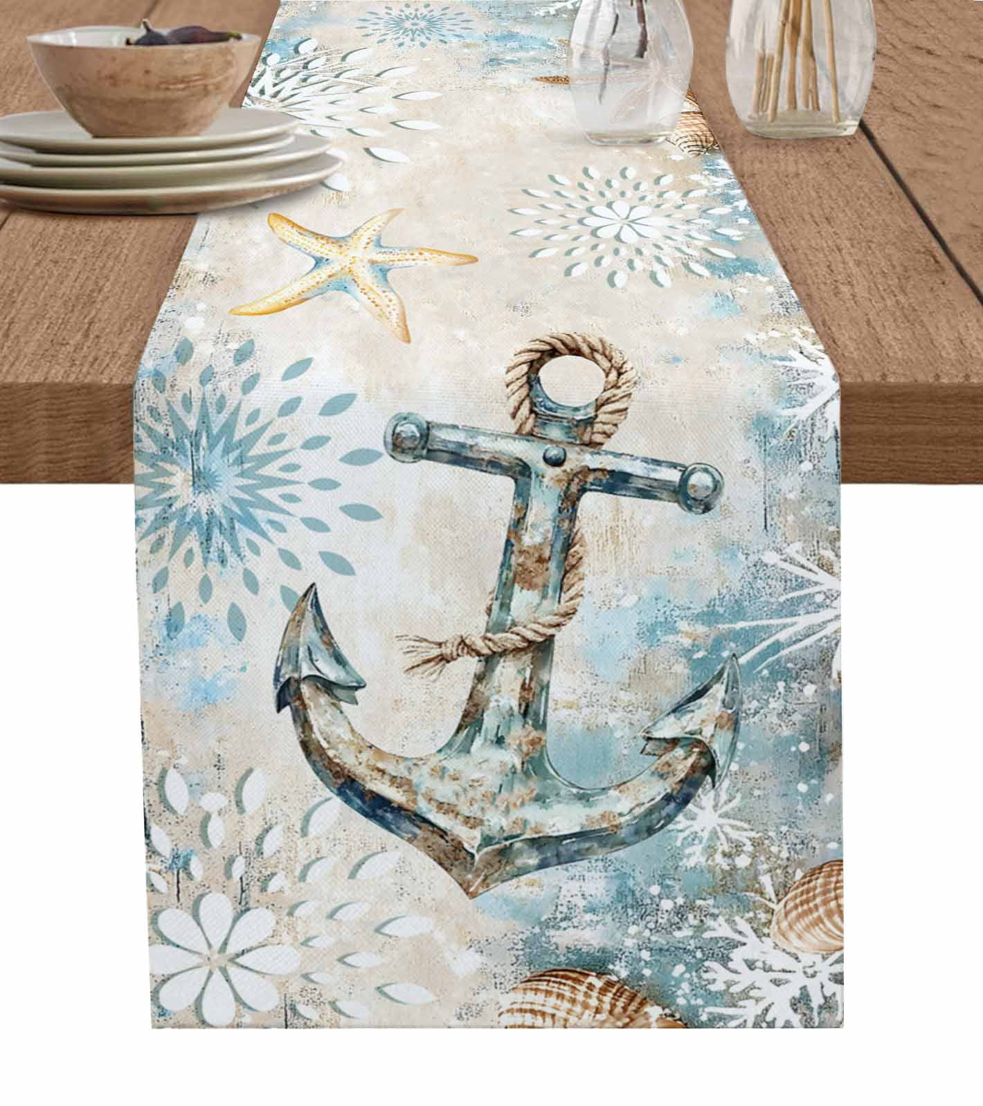 ERUNPONLY Blue Anchor Coastal Table Runner - 72 Inch Long Nautical ...