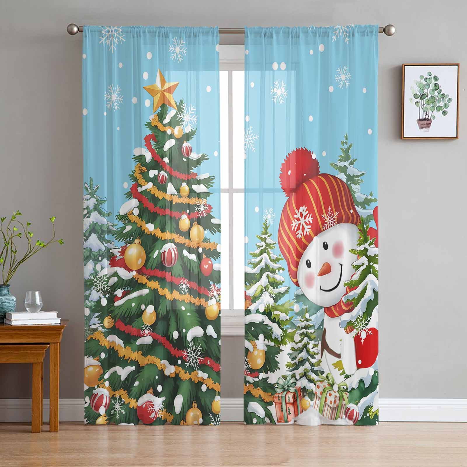 ERUNPONLY Blue Aqua Snowman Christmas Sheer Curtains 63 Inch Length 2 ...
