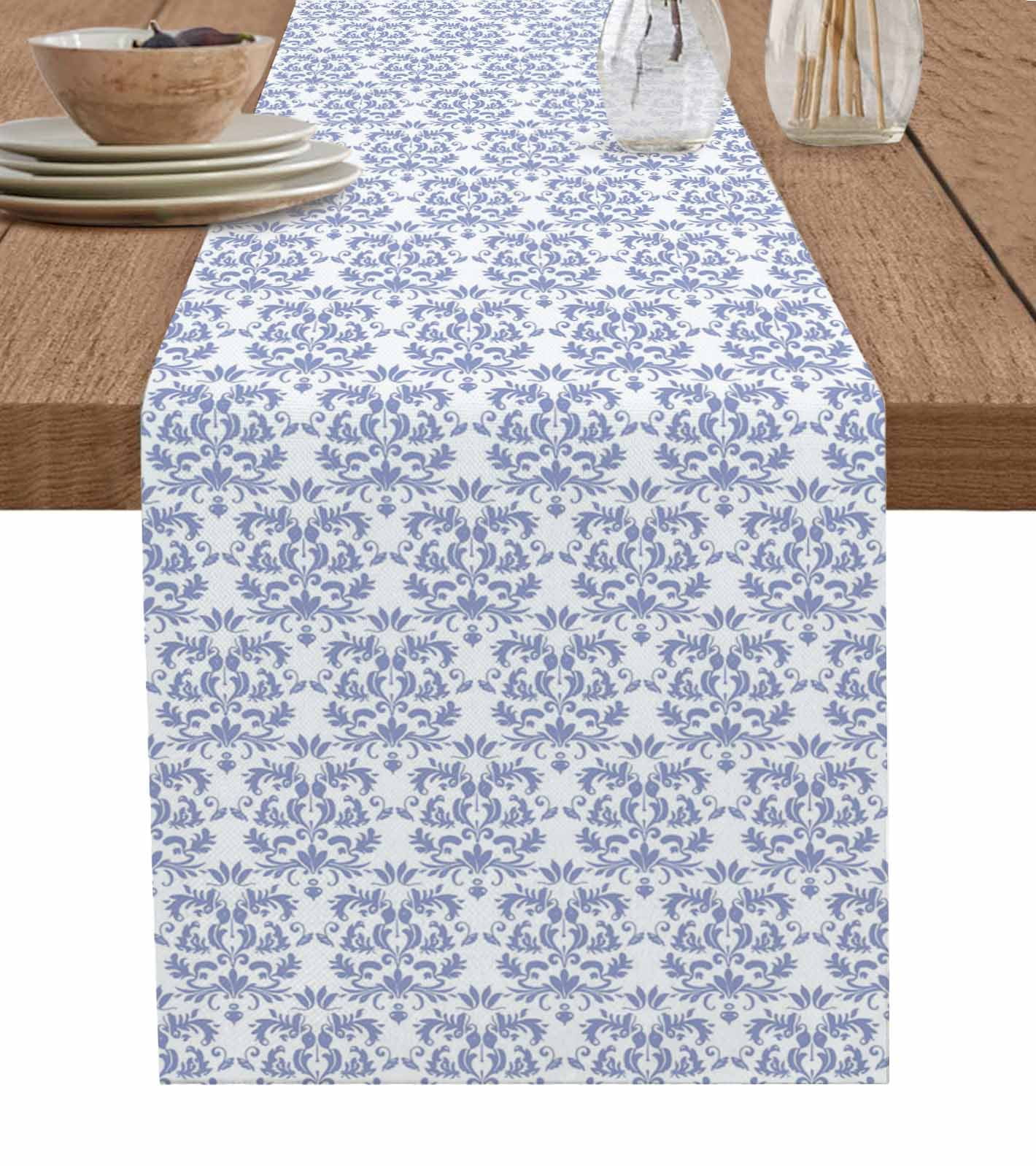 ERUNPONLY Blue Baroque Table Runner - 120 Inch Long Abstract Art Floral ...