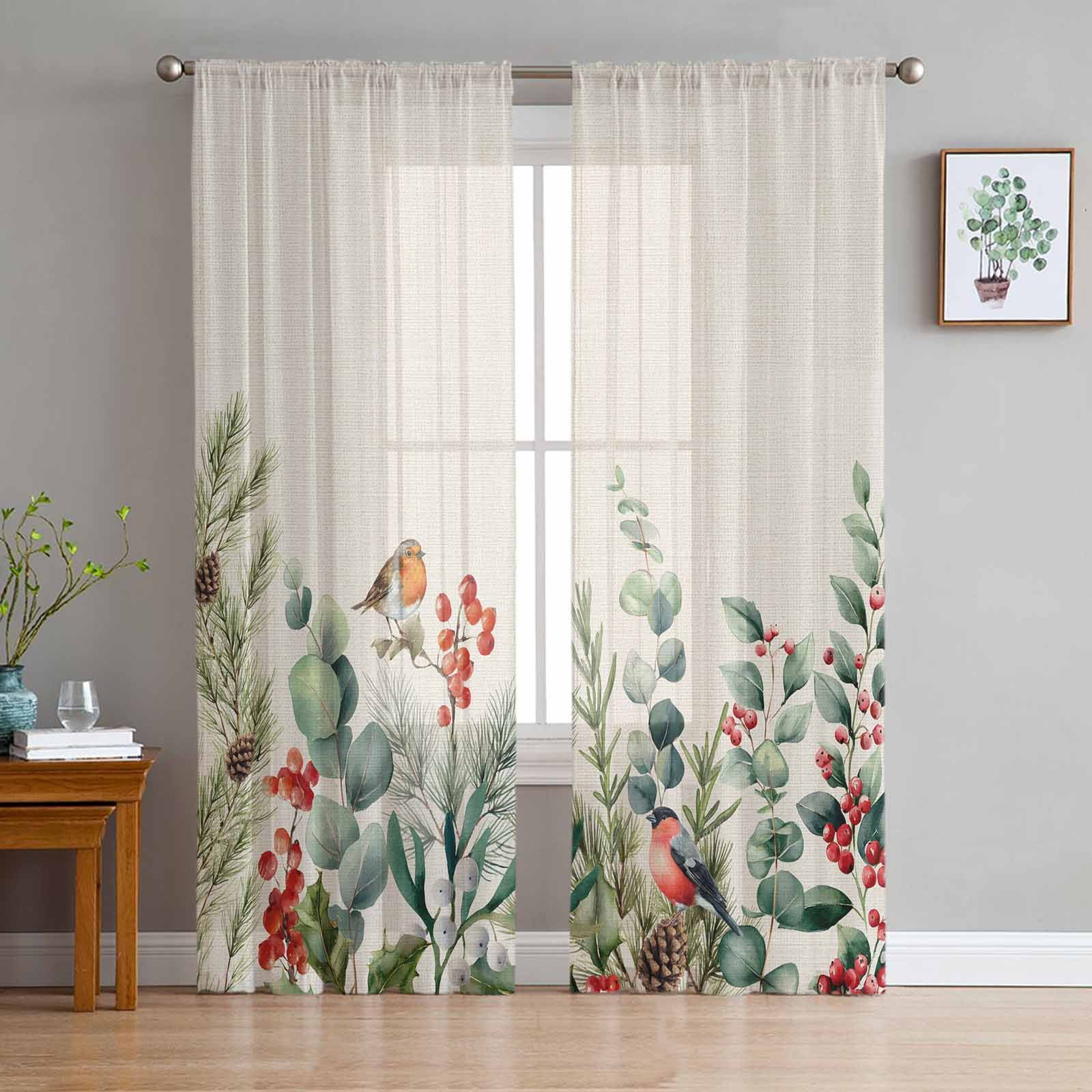 ERUNPONLY Blue Beige Christmas Sheer Curtains 63 Inch Length 2 Panels ...