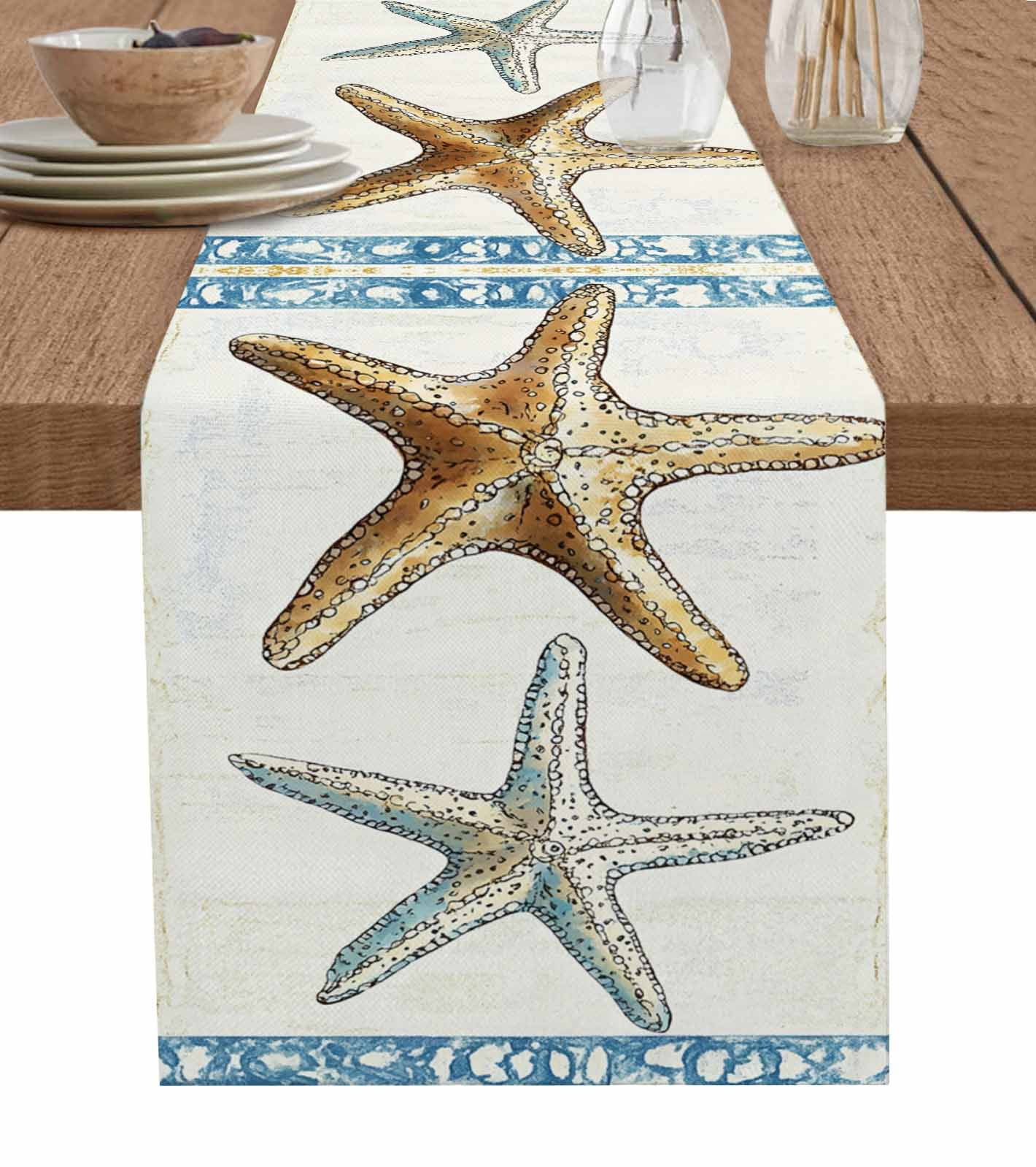 ERUNPONLY Blue Beige Coastal Beach Table Runner - 90 Inch Long Summer ...