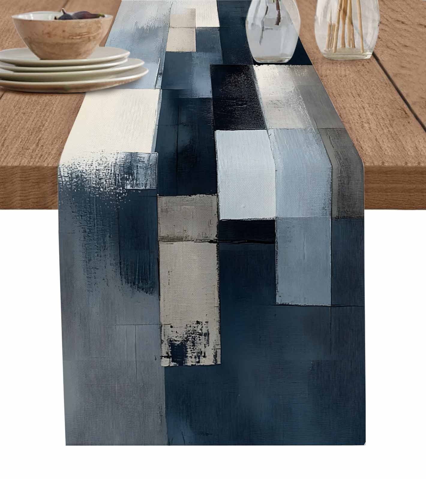 ERUNPONLY Blue Beige Geometric Table Runner - 48 Inch Long Vintage ...