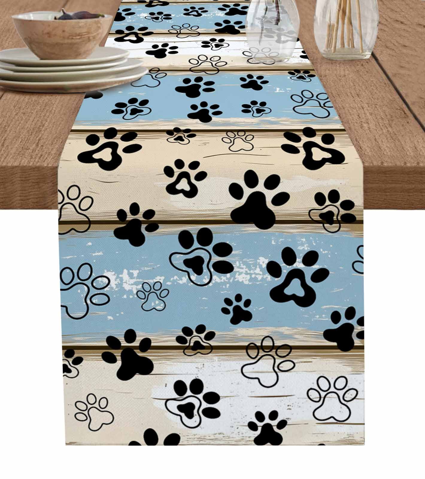 ERUNPONLY Blue Beige Paw Print Table Runner - 70 Inch Long Vintage ...
