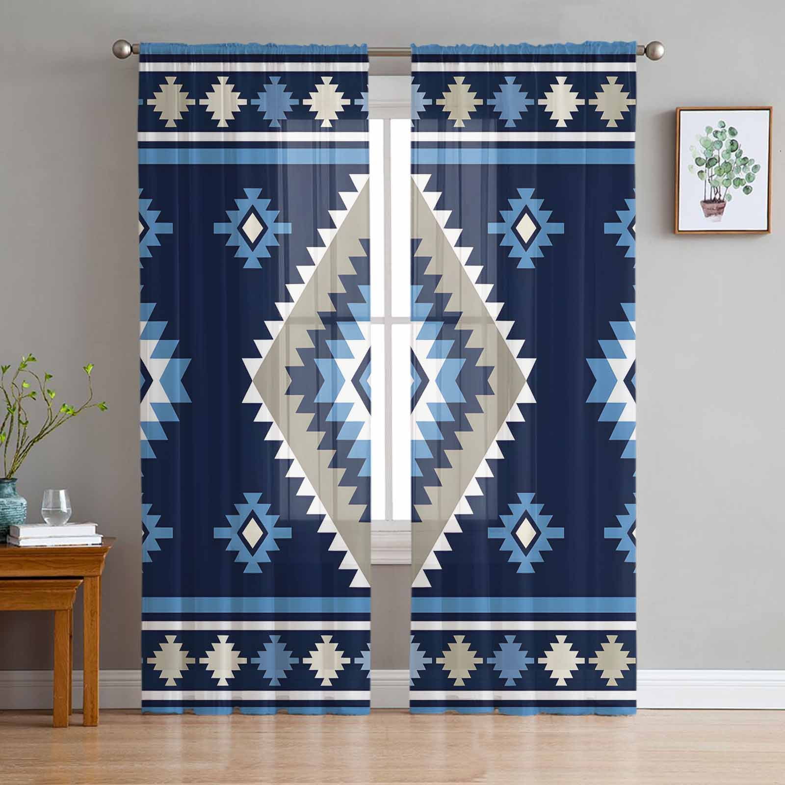 ERUNPONLY Blue Boho Sheer Curtains 72 Inch Length 2 Panels Set ...