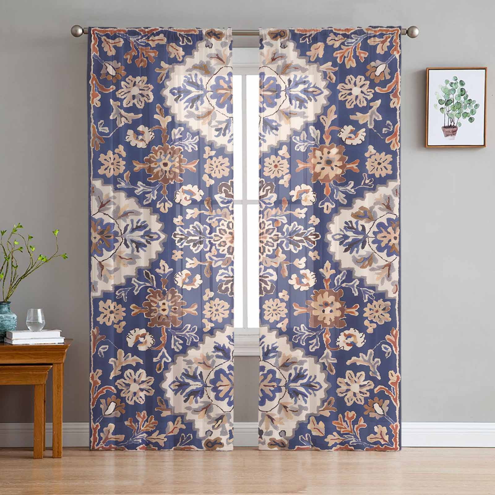 ERUNPONLY Blue Boho Sheer Curtains 72 Inch Length 2 Panels Set ...
