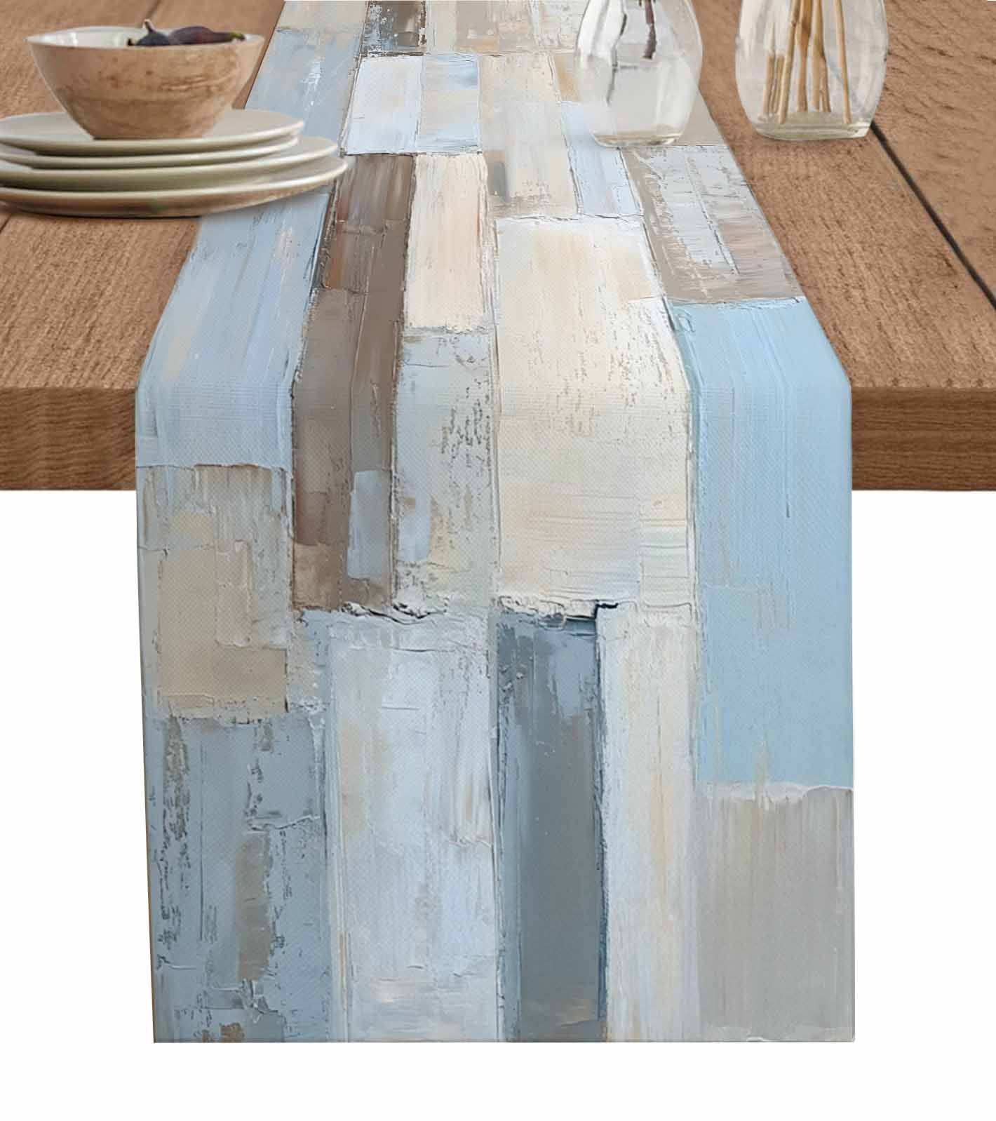 ERUNPONLY Blue Brown Abstract Table Runner - 36 Inch Long Oil Painting ...