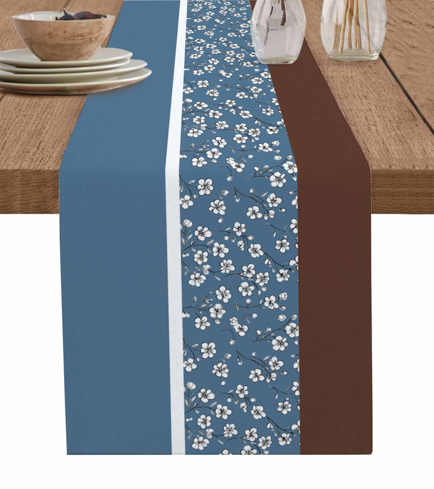 ERUNPONLY Blue Brown Flowers Table Runner - 120 Inch Long Classic ...