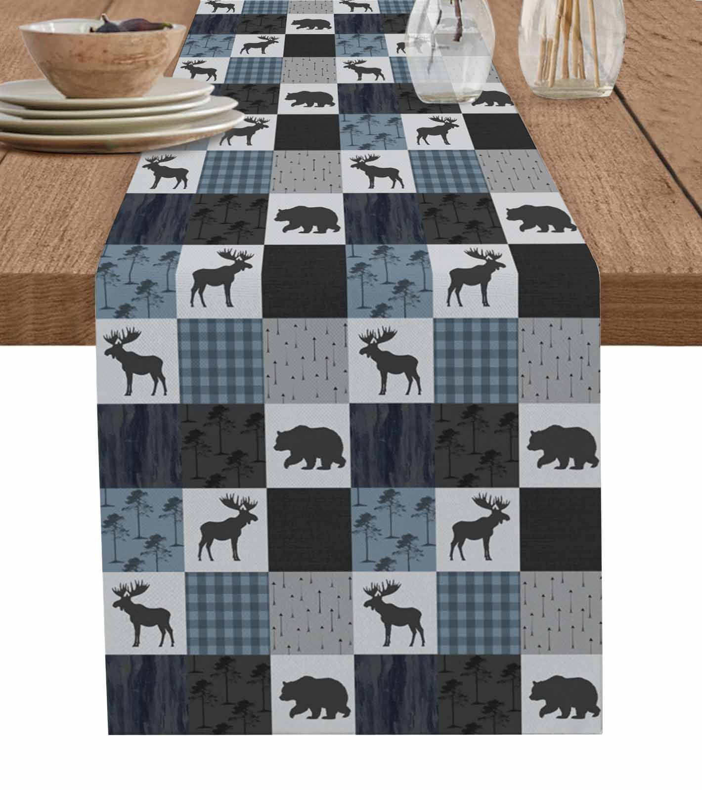 ERUNPONLY Blue Cabin Check Table Runner - 72 Inch Long Rustic Bear Elk ...