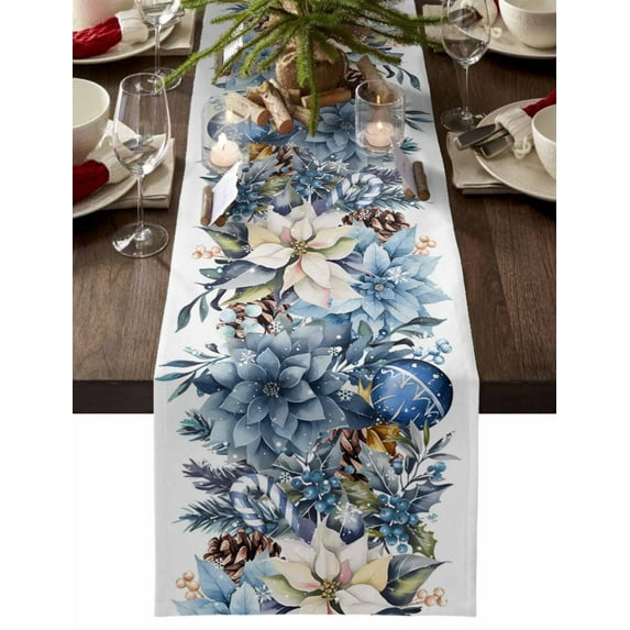 ERUNPONLY Blue Christmas Poinsettia Table Runner - 90 Inch Long Xmas ...